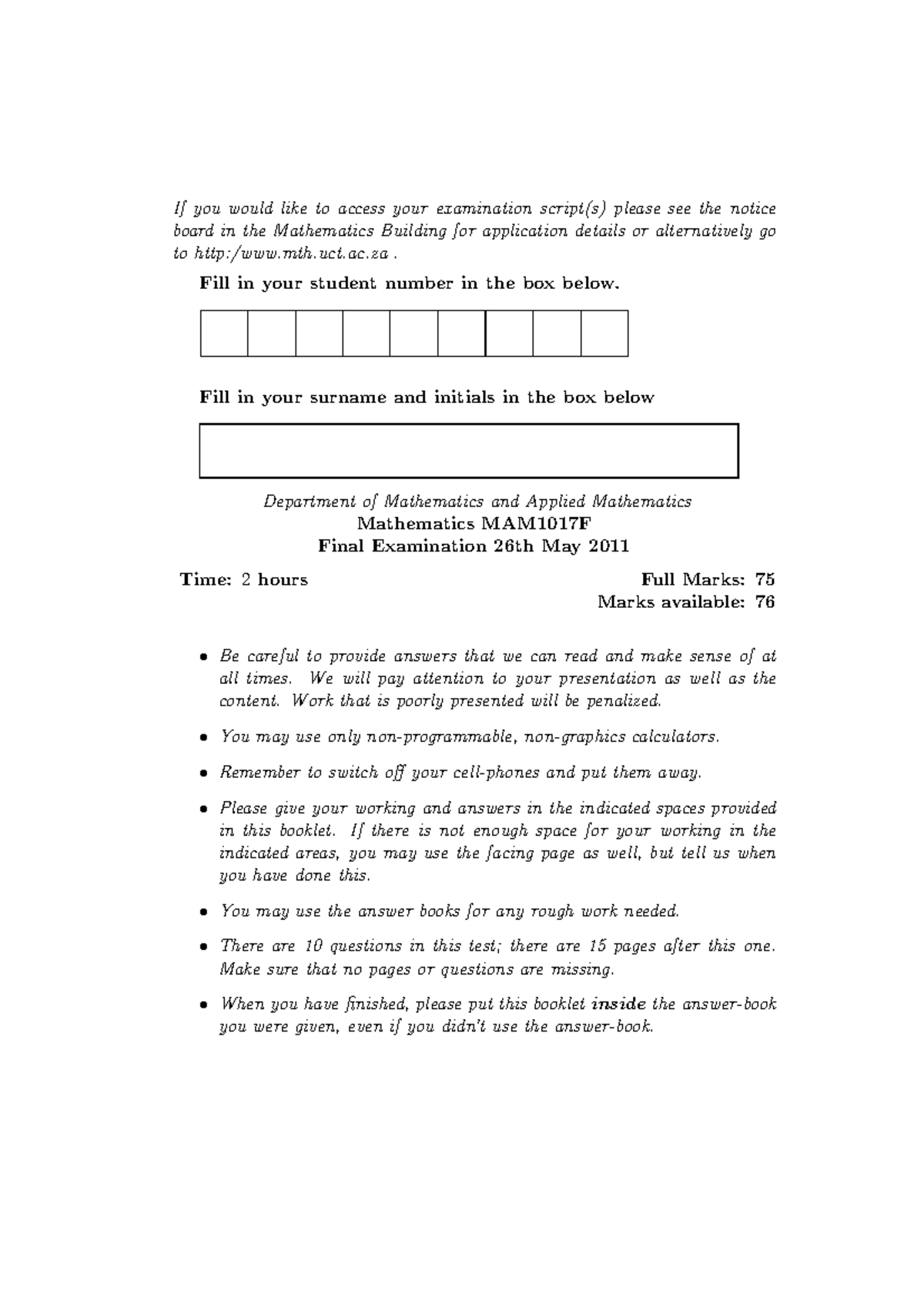 Exam 2011 - If you would like to access your examination script(s ...