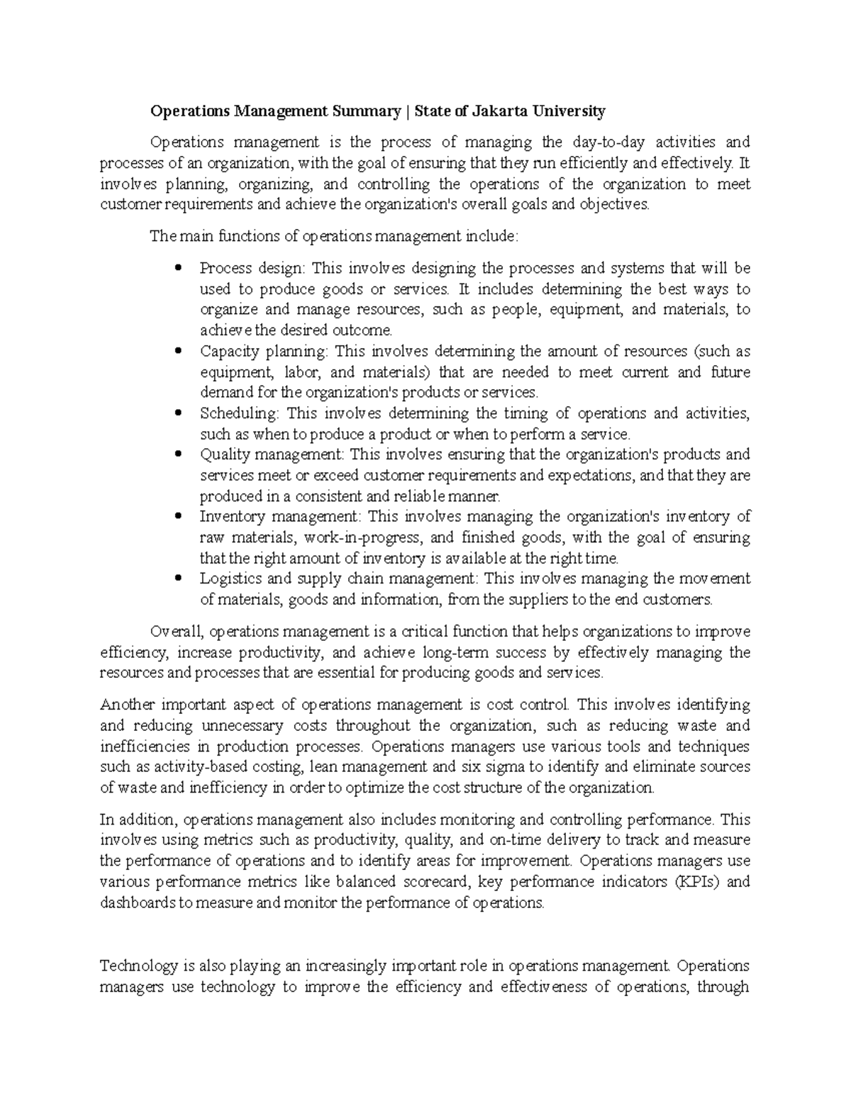 Operation Management Summary - State of Jakarta University - Operations ...