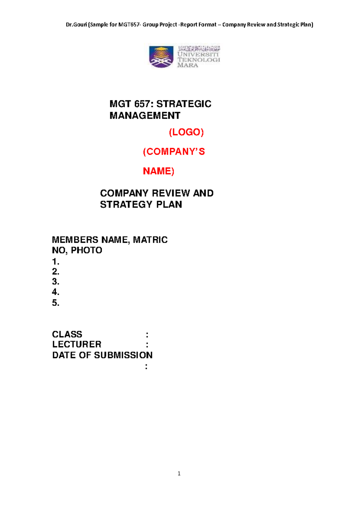 Mgt 657 Group Project-Report Format - Dr (Sample for MGT657- Group ...