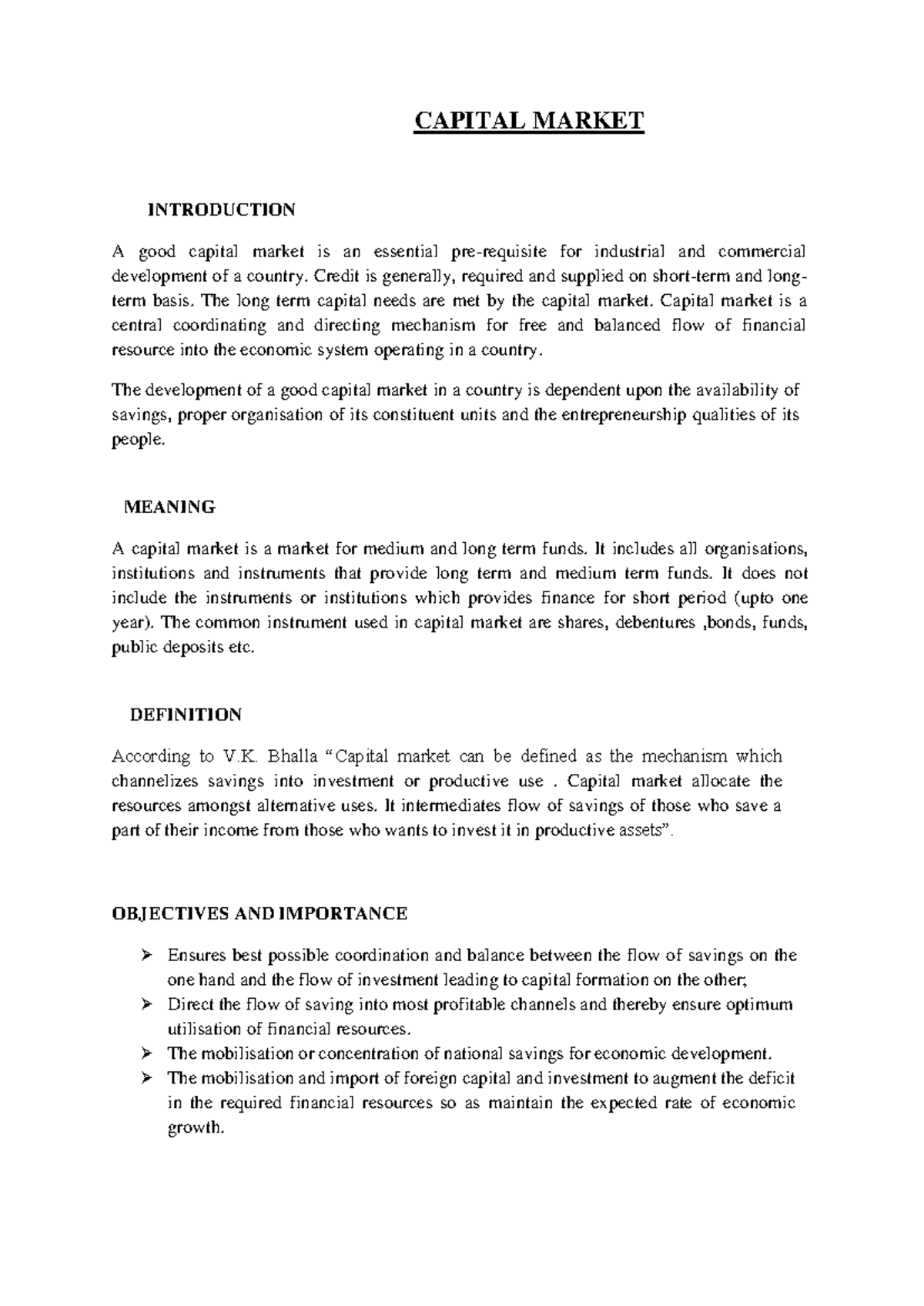Capital market notes - CAPITAL MARKET INTRODUCTION A good capital ...