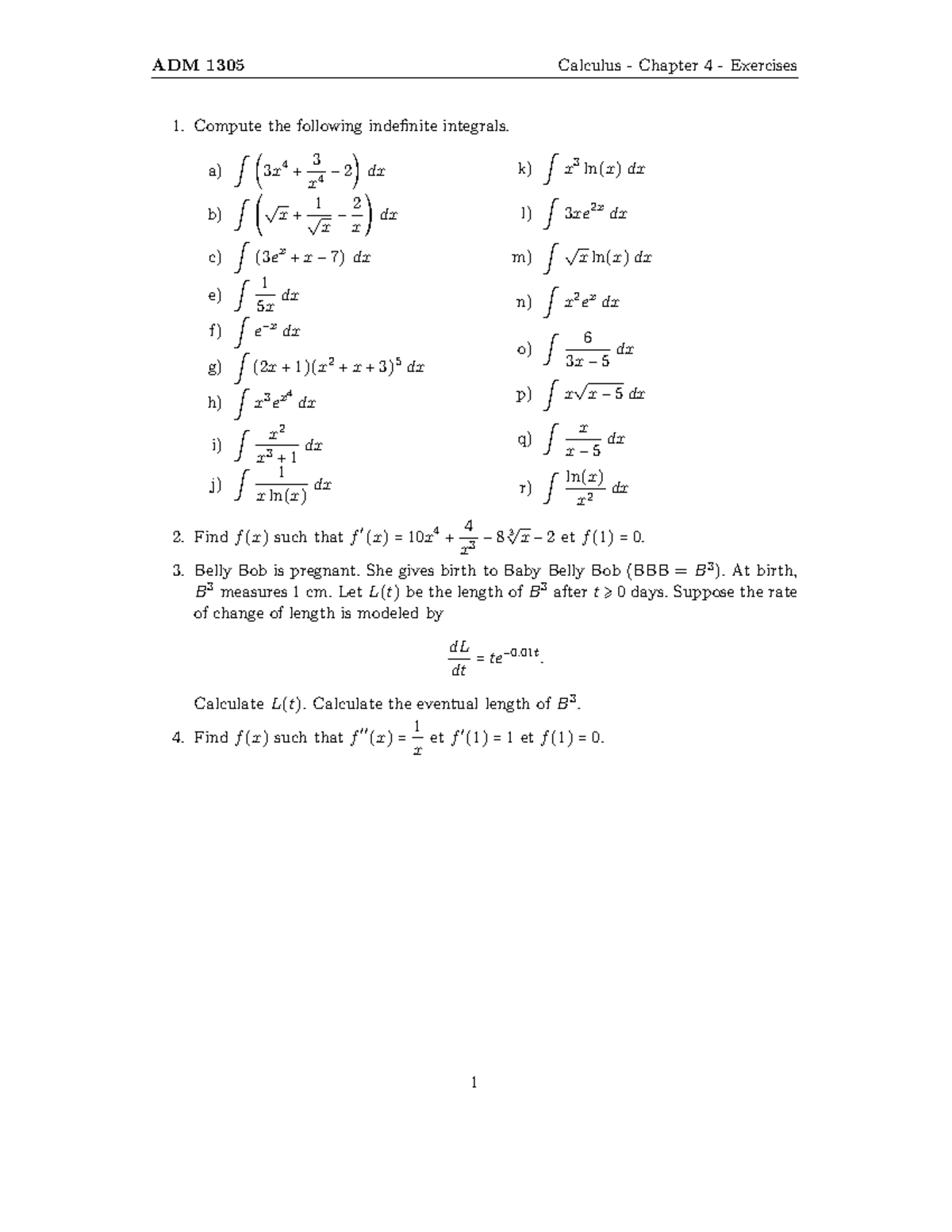 ADM1305 Chapter 4 Indefinite Integrals Exercises - ADM 1305 Calculus ...