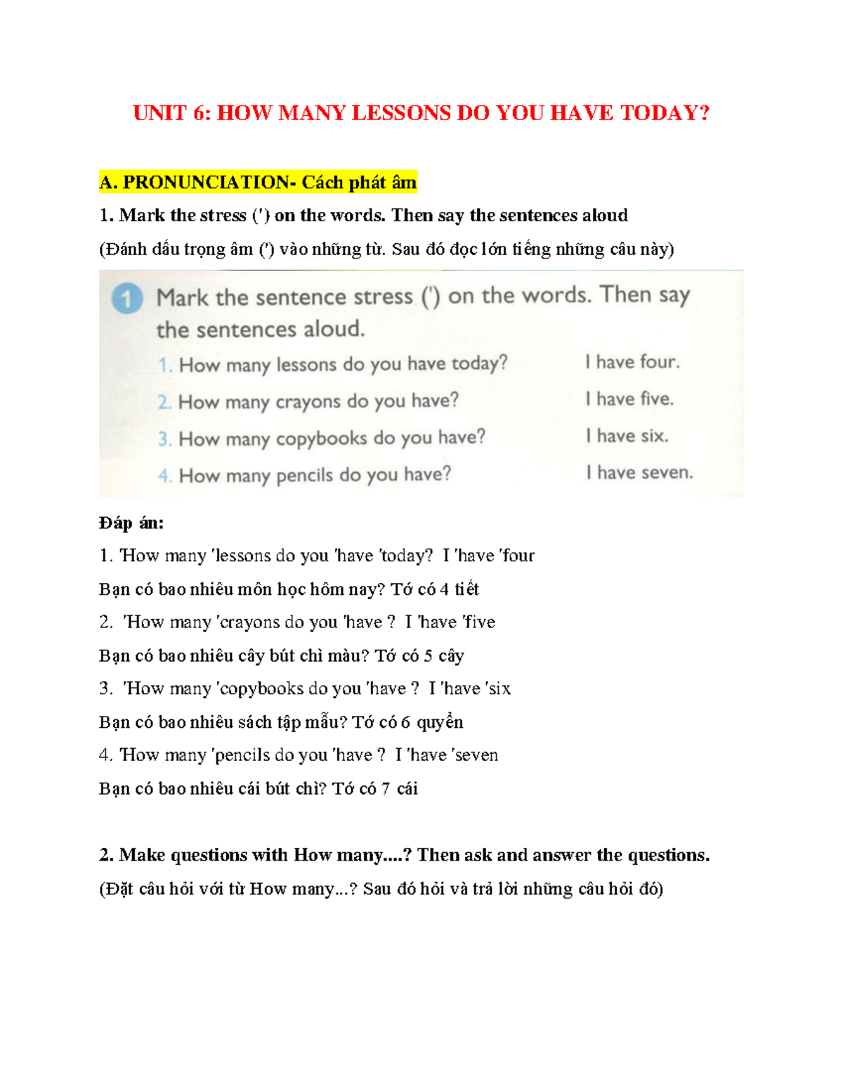 Giai sbt tieng anh 5 unit 6 how many lessons do you have today - UNIT 6 ...