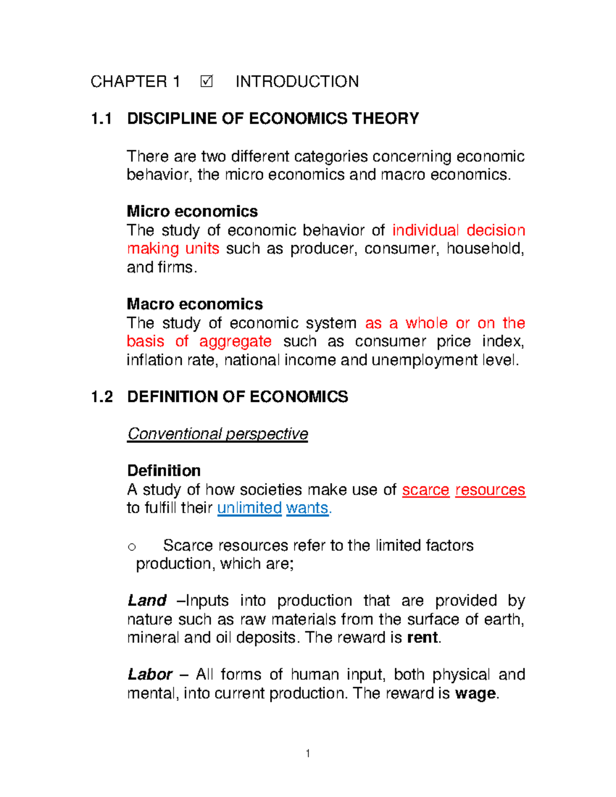 Chapter 1 - notes - CHAPTER 1 INTRODUCTION 1 DISCIPLINE OF ECONOMICS ...