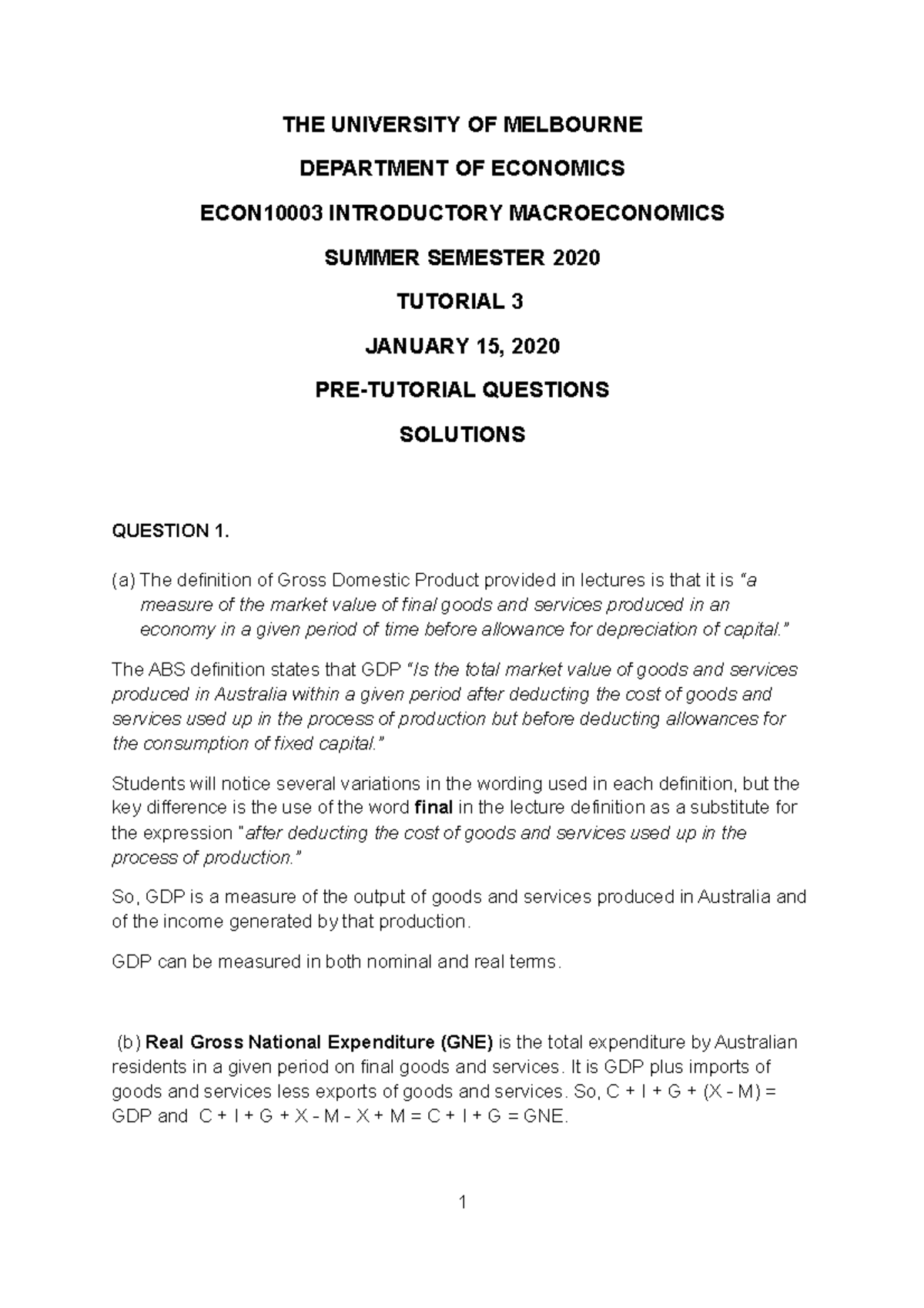 Pre-Tutorial Sheet 3 Solutions - THE UNIVERSITY OF MELBOURNE DEPARTMENT ...