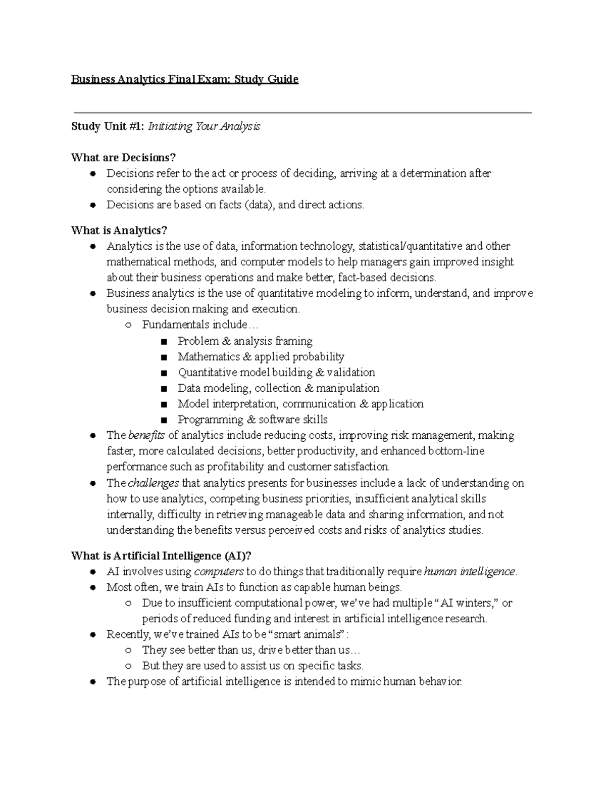 Business Analytics Final Exam Study Guide - Decisions are based on ...