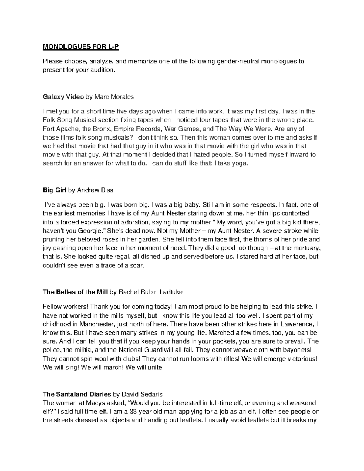 2011 - 2012 Audition Monologues - MONOLOGUES FOR L-P Please choose ...