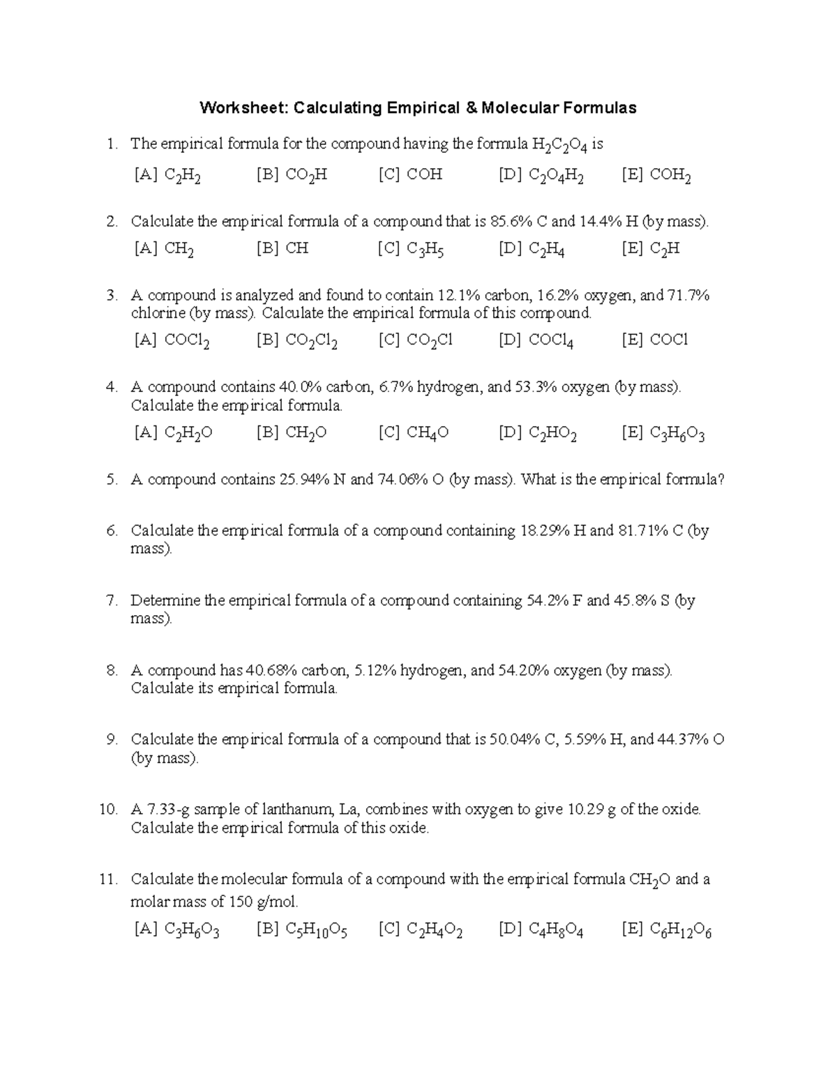 Calculating Moles - Worksheet: Calculating Empirical & Molecular Formulas The empirical formula ...