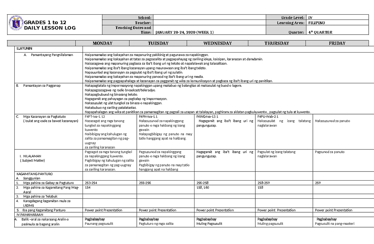 DLL Filipino 4 Q4 W1 - GRADES 1 to 12 DAILY LESSON LOG School: Grade ...