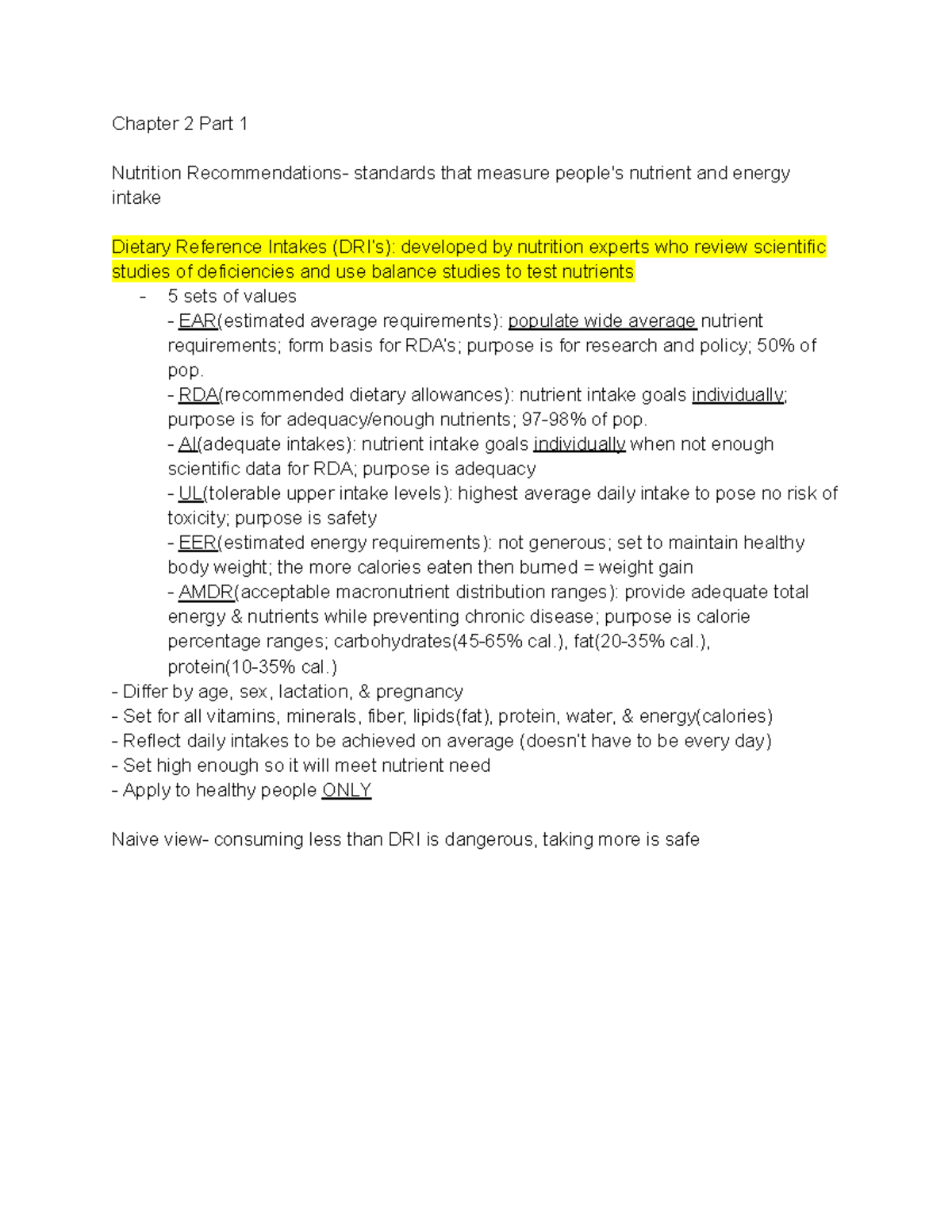Chapter 2 Notes - Part 1: nutrition recommendations and 5 set of values ...