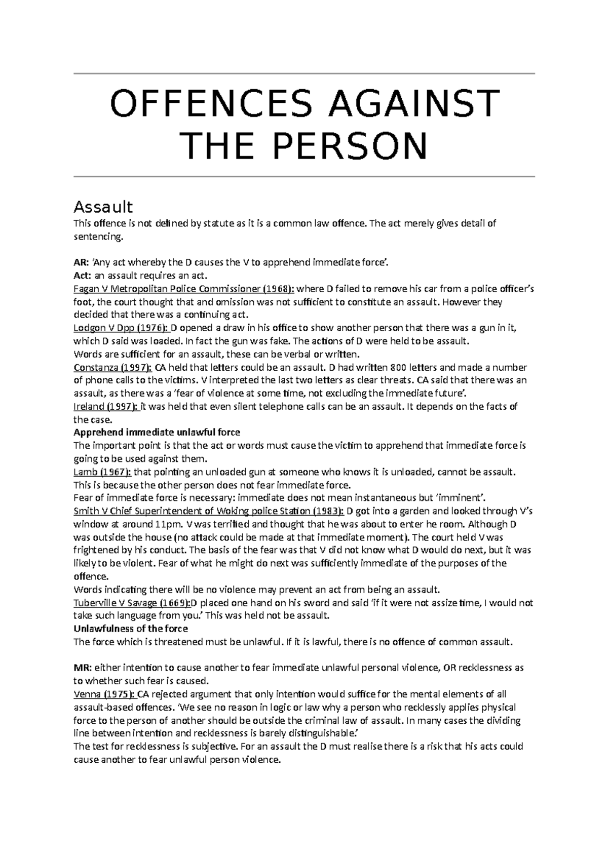 Offences against the person - OFFENCES AGAINST THE PERSON Assault This ...