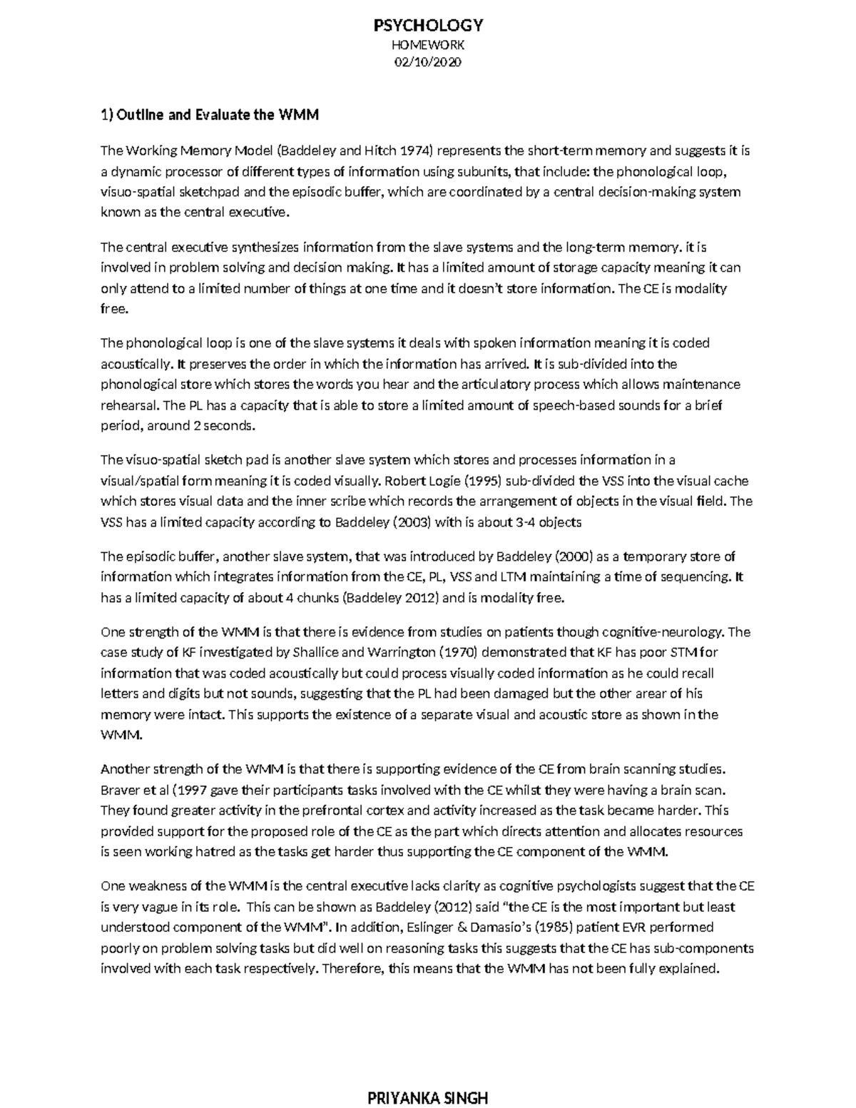 WMM 12 mark - wmm - PSYCHOLOGY HOMEWORK 02/10/ 1) Outline and Evaluate ...