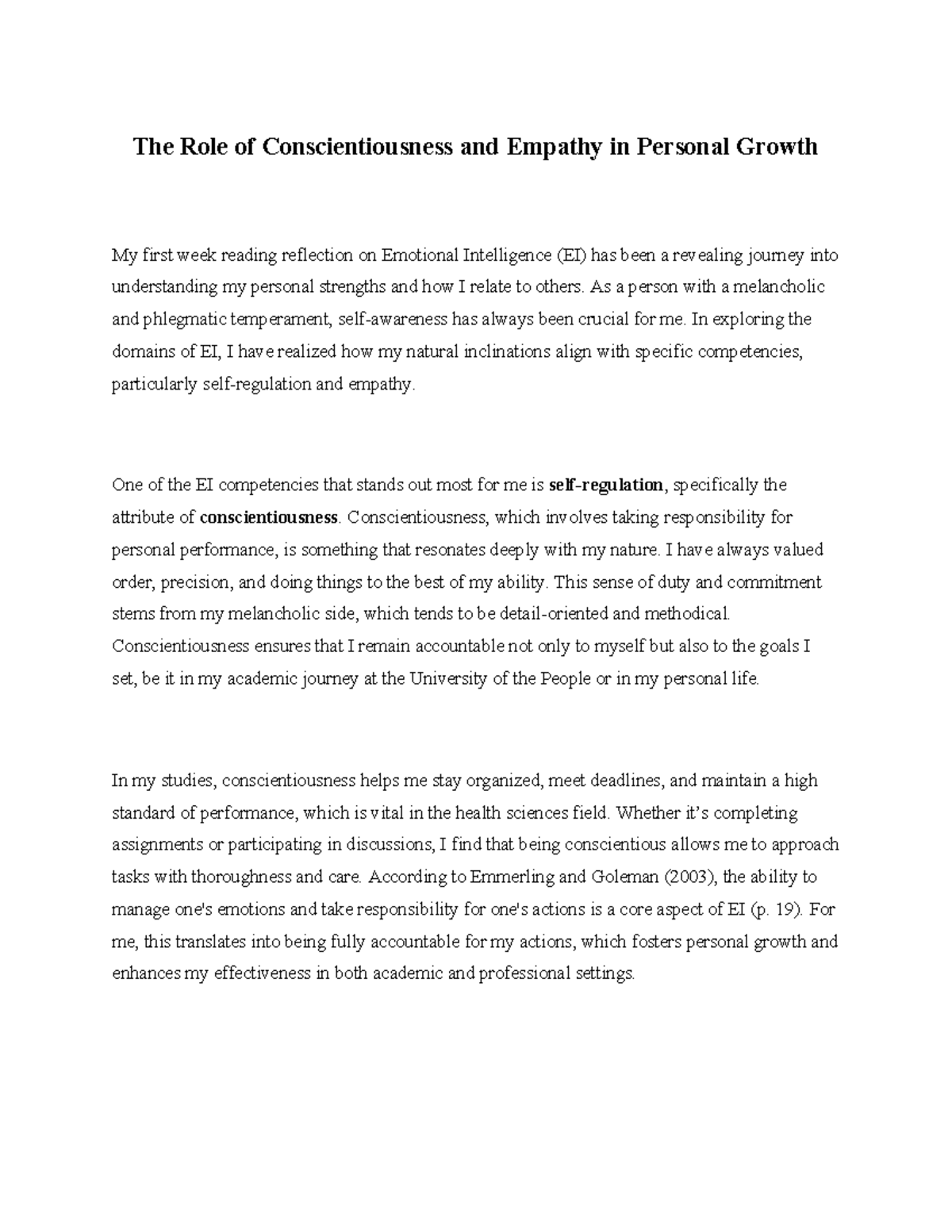 Psyc 1205 Learning Journal Unit 1 The Role Of Conscientiousness And Empathy In Personal Growth