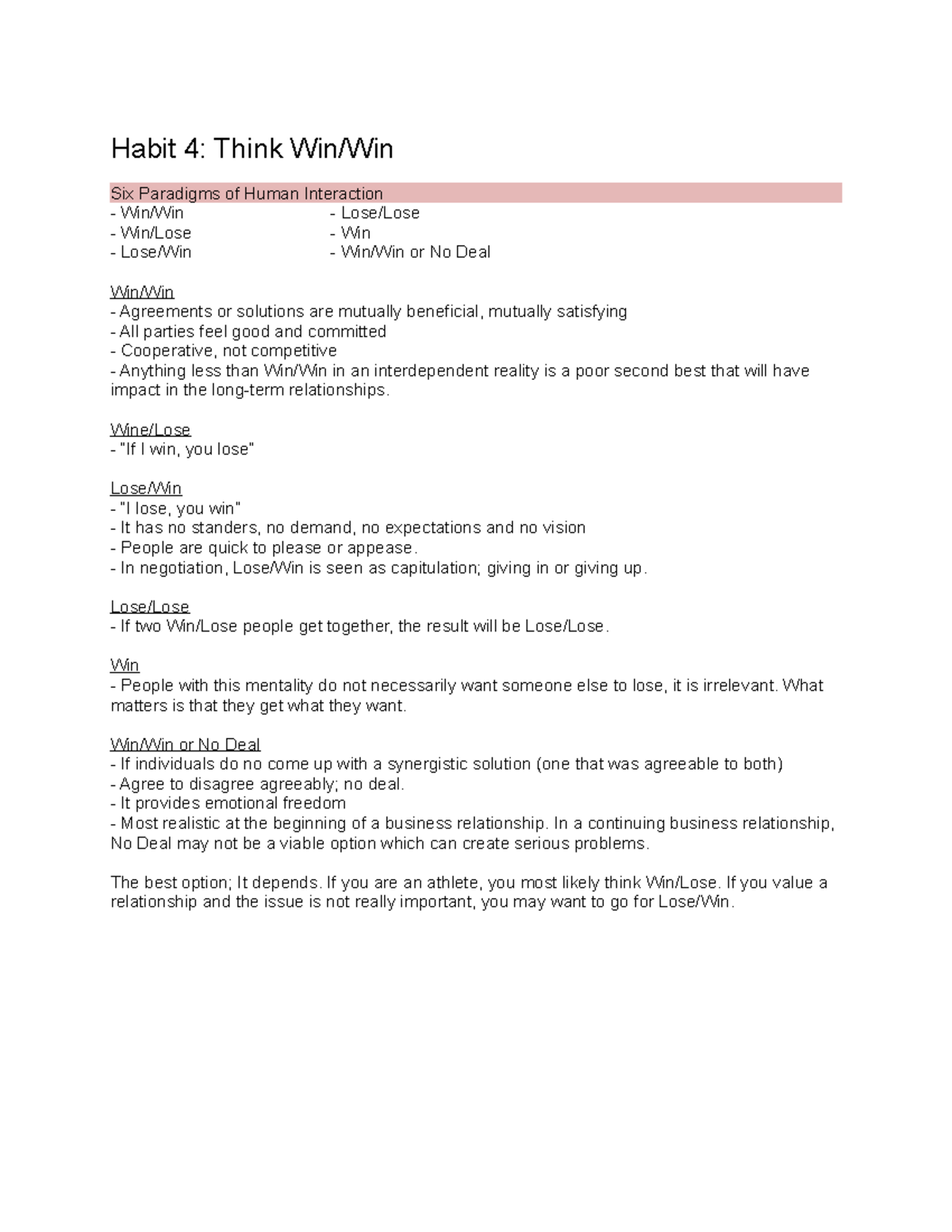Habit 4-7 covey - Habit 4: Think Win/Win Six Paradigms of Human ...