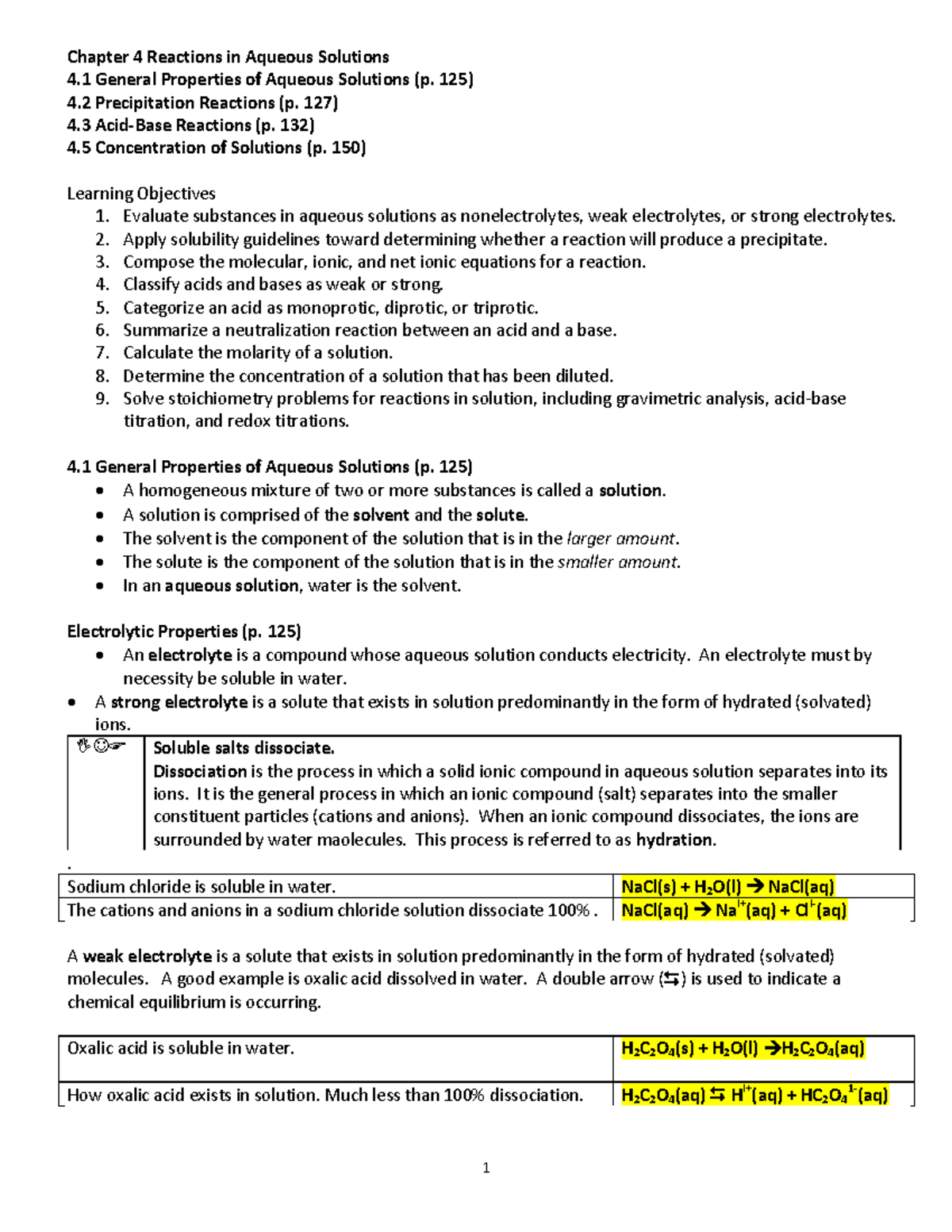 Chem 100 Chap 4 Rxns in Aqueous Solns Spring 2022 - Chapter 4 Reactions ...