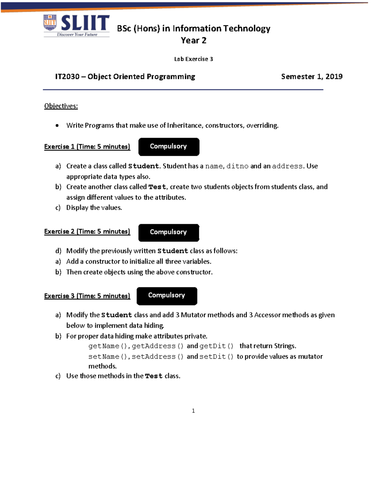 OOP Practical 03 - Student version - Year 2 Lab Exercise 3 IT2030 3 Object Oriented Programming ...