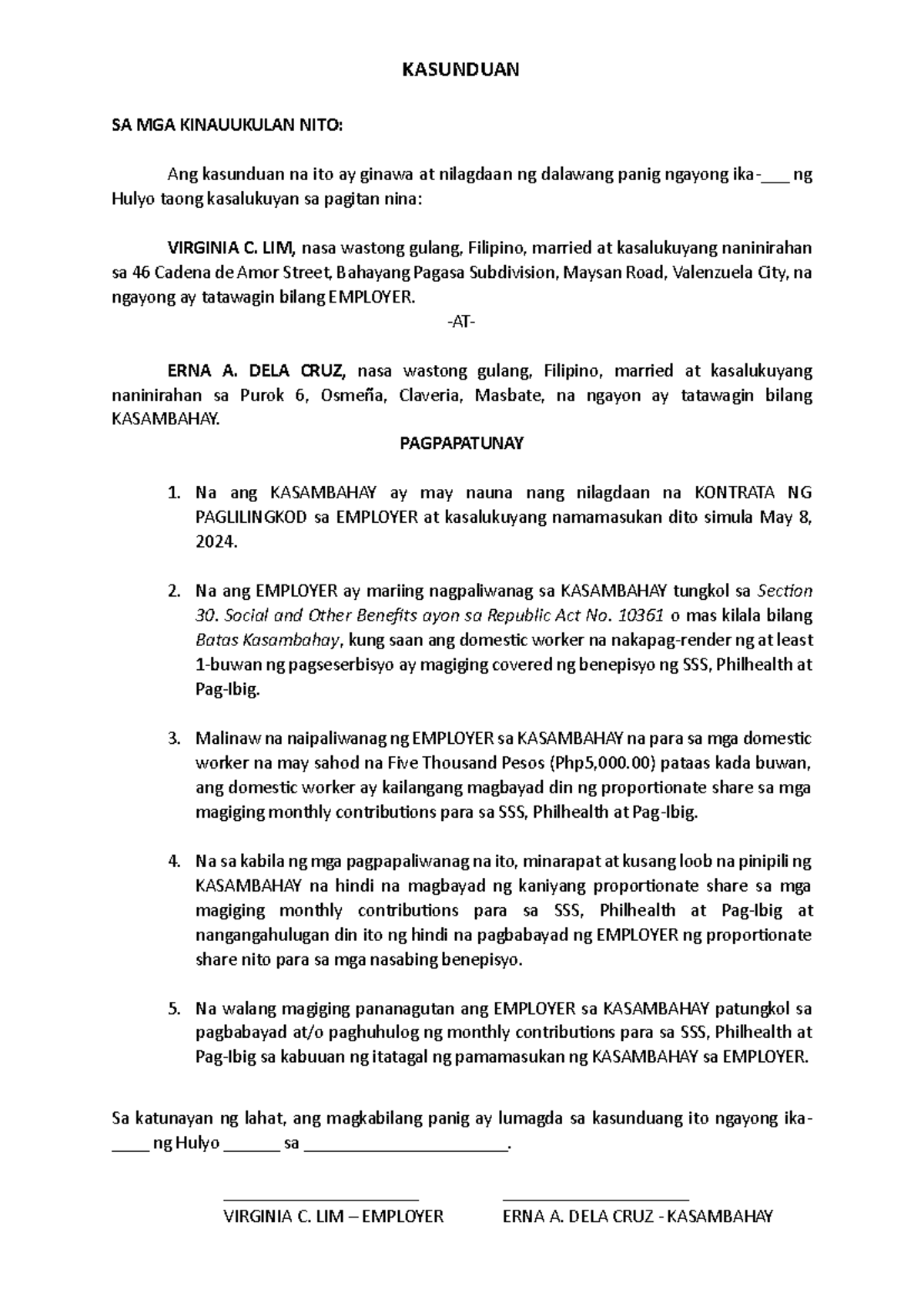 Kasunduan - Benefits - law related paraphernalia and labor - KASUNDUAN SA MGA KINAUUKULAN NITO ...