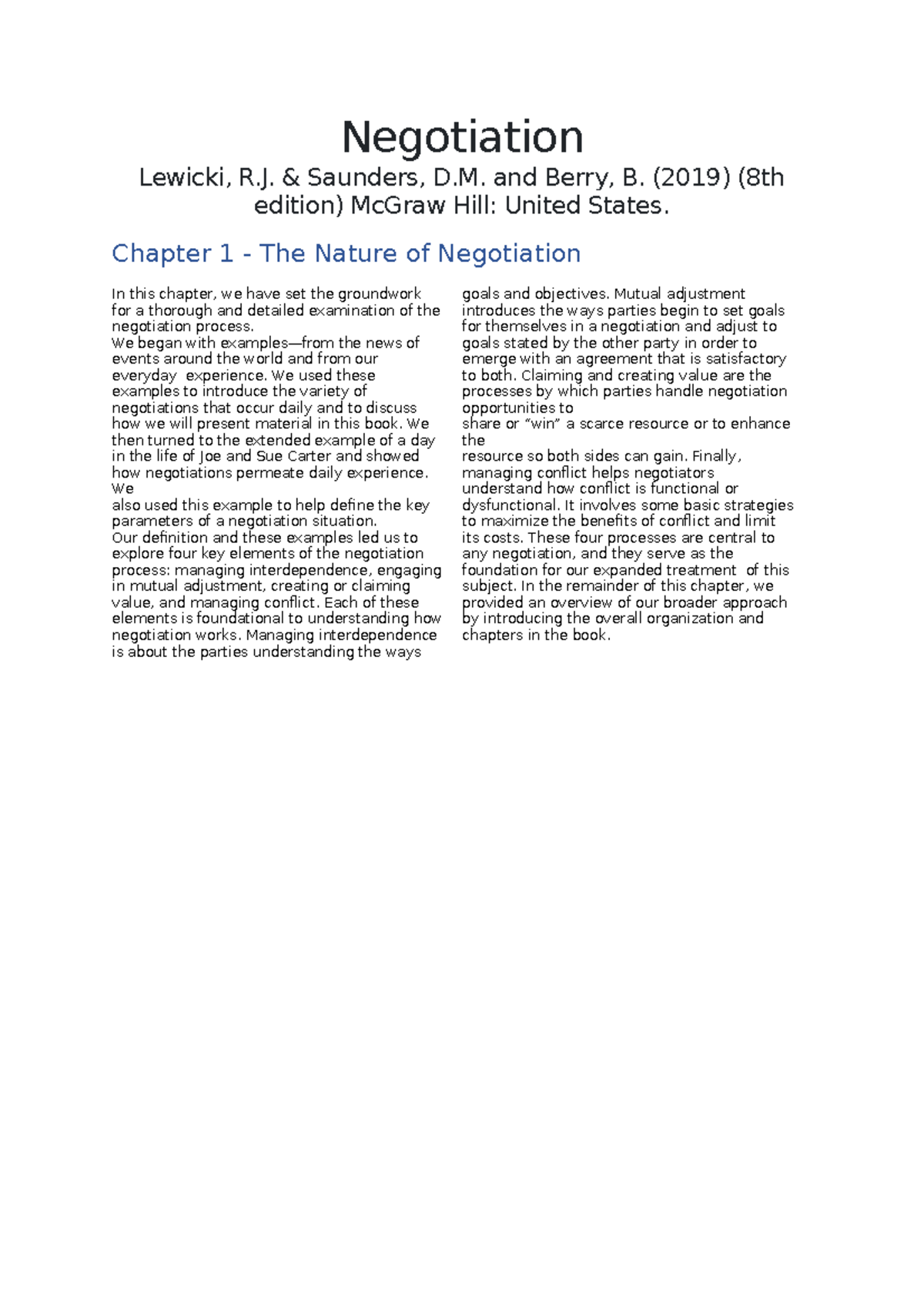 Negotiation Chapter 1 - The Nature of Negotiation - Negotiation Lewicki ...