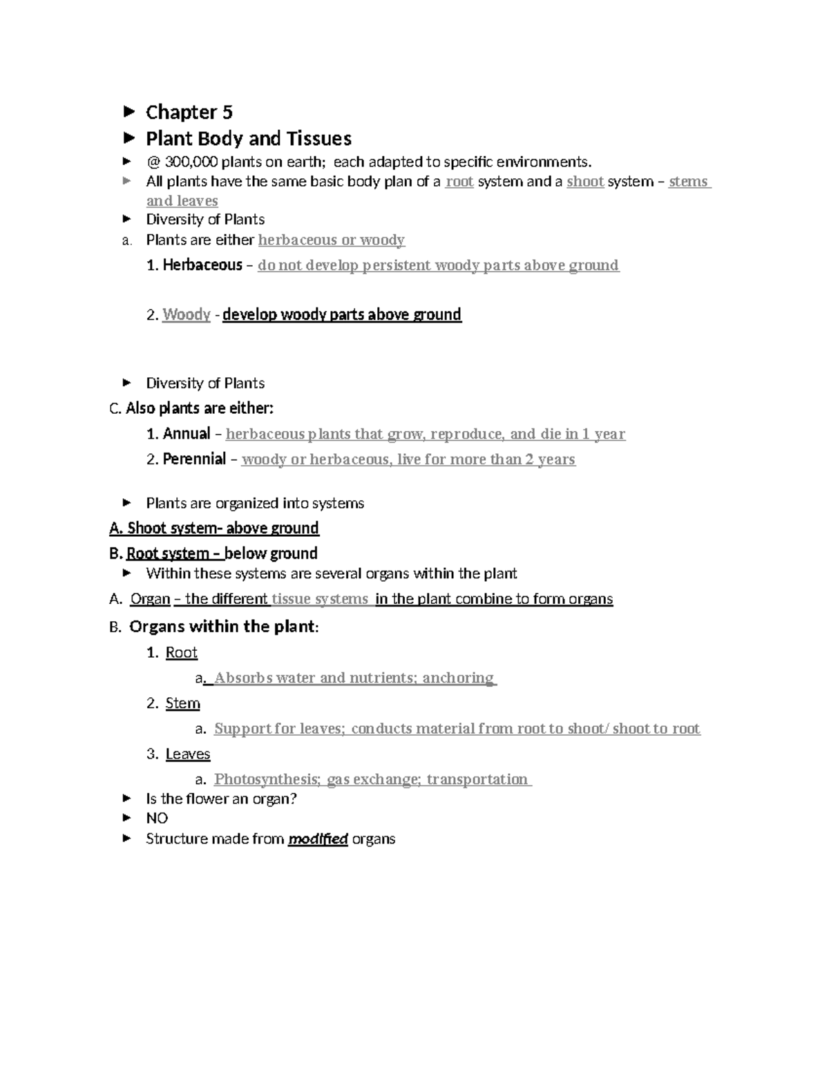 Chapter 5 - Notes - Chapter 5 Plant Body and Tissues @ 300,000 plants ...
