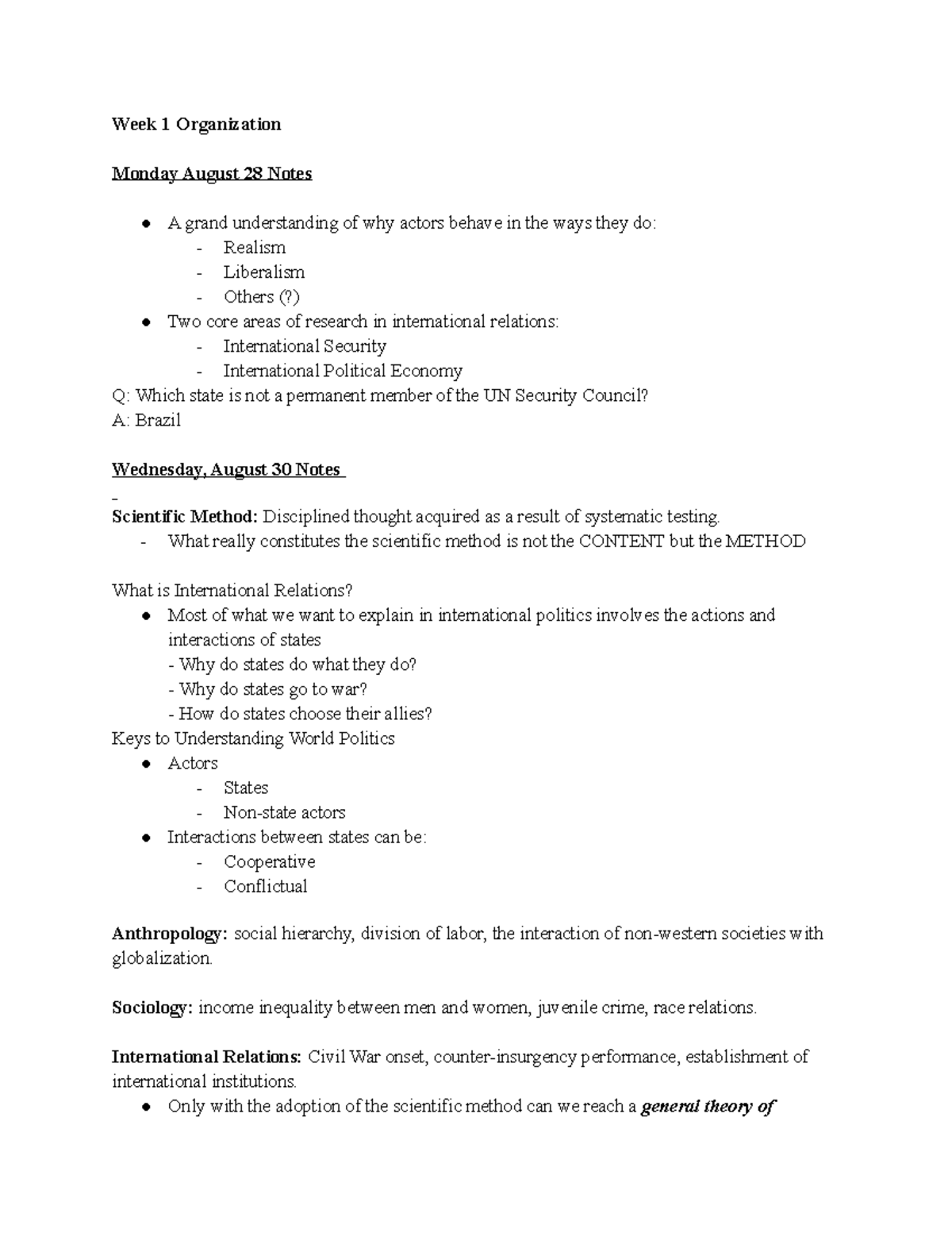 PSCI 2223 Notes Week 1: August 28- September 1 - Week 1 Organization ...