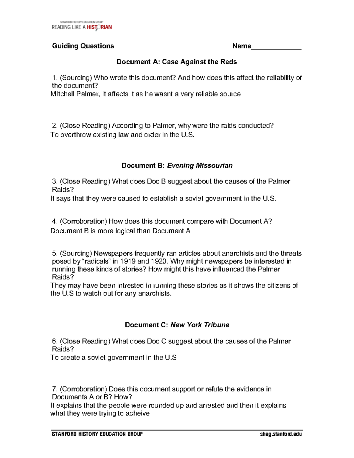 Questions for Docs A-C Palmer Raids - STANFORD HISTORY EDUCATION GROUP ...