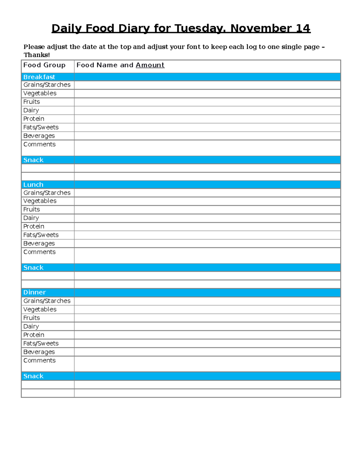 5 Day Food Diary Log - Please adjust the date at the top and adjust ...