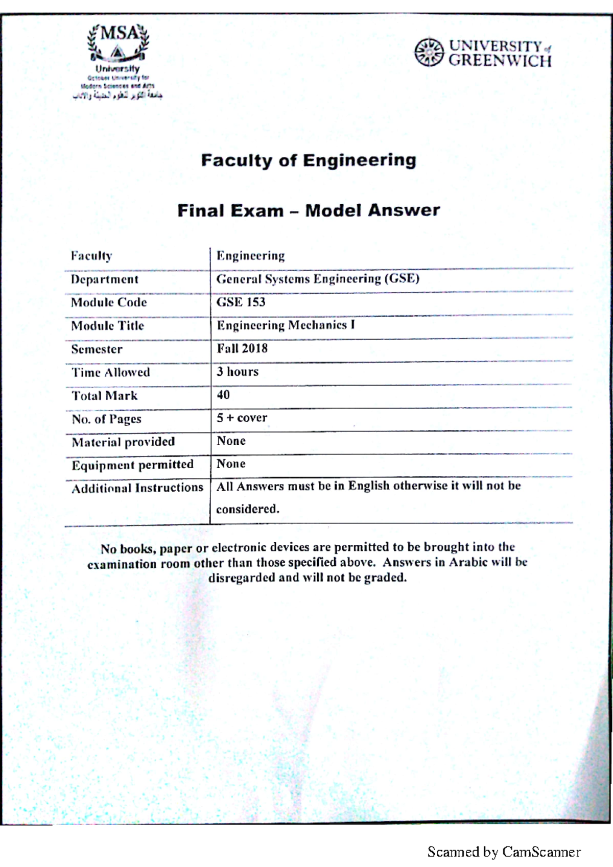 Mechanics - Final exam - Fall 2018 - Engineering Mechanics I - Studocu
