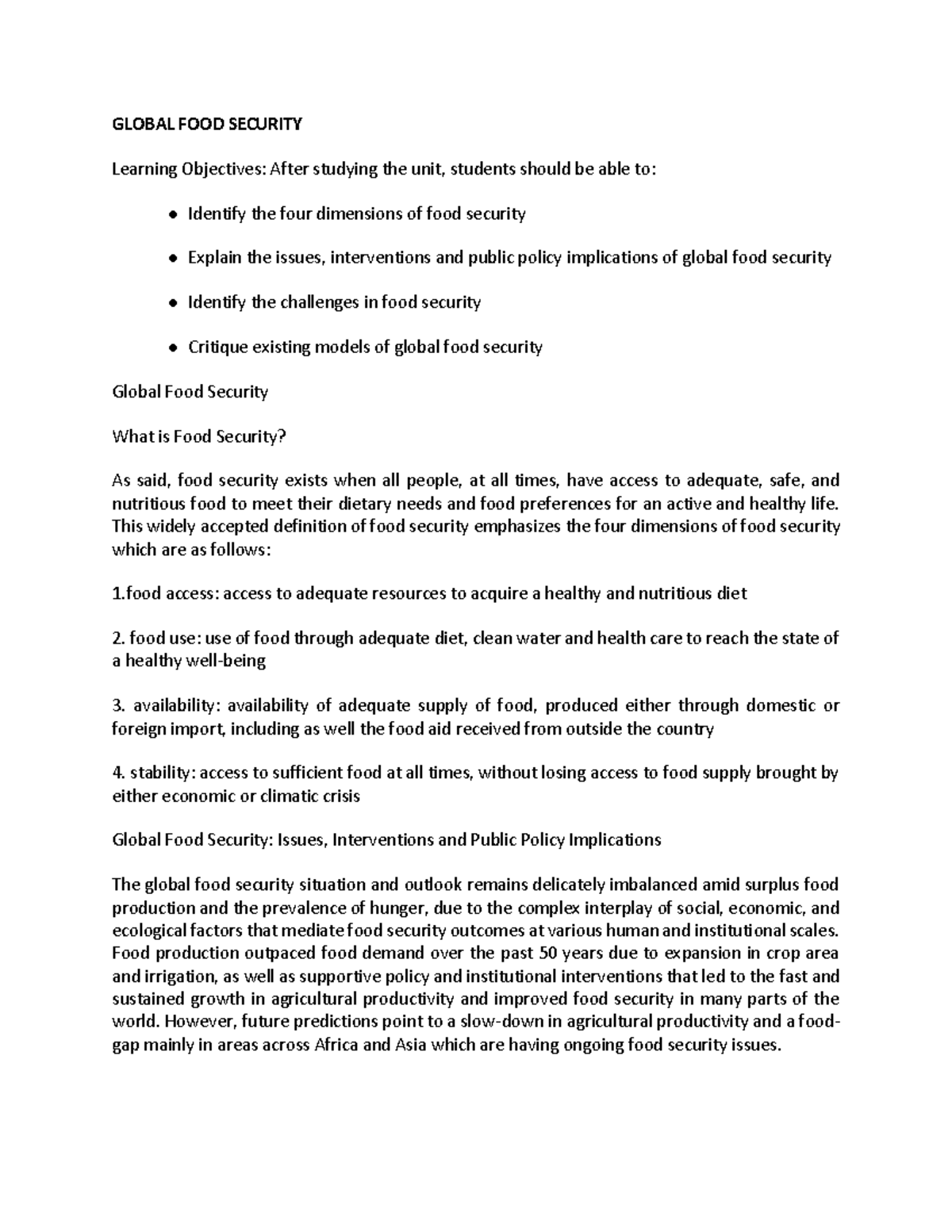 Global-FOOD- Security - GLOBAL FOOD SECURITY Learning Objectives: After ...