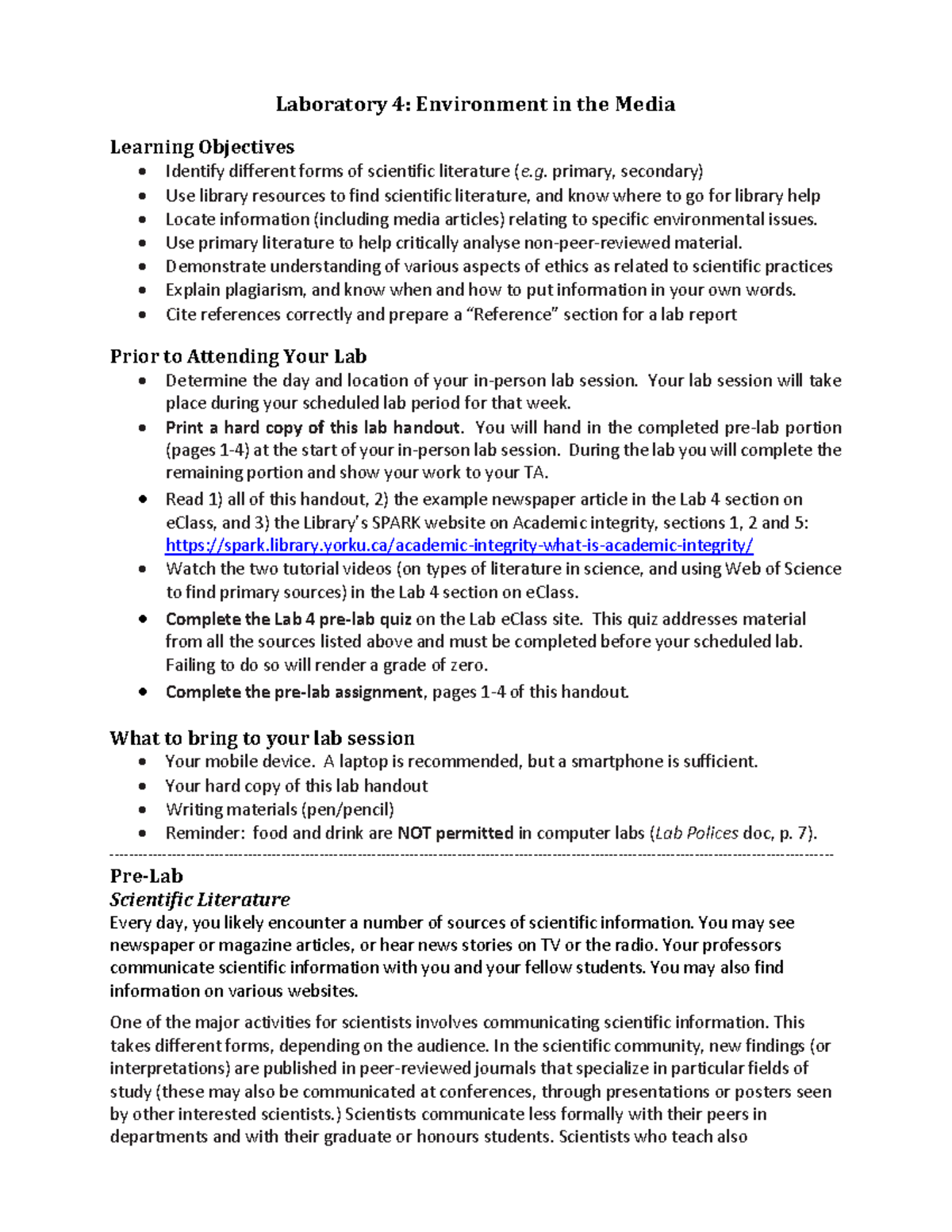 Biol1001 - S2 23 - Lab 4 - Lab Handout - Laboratory 4: Environment in the Media Learning ...