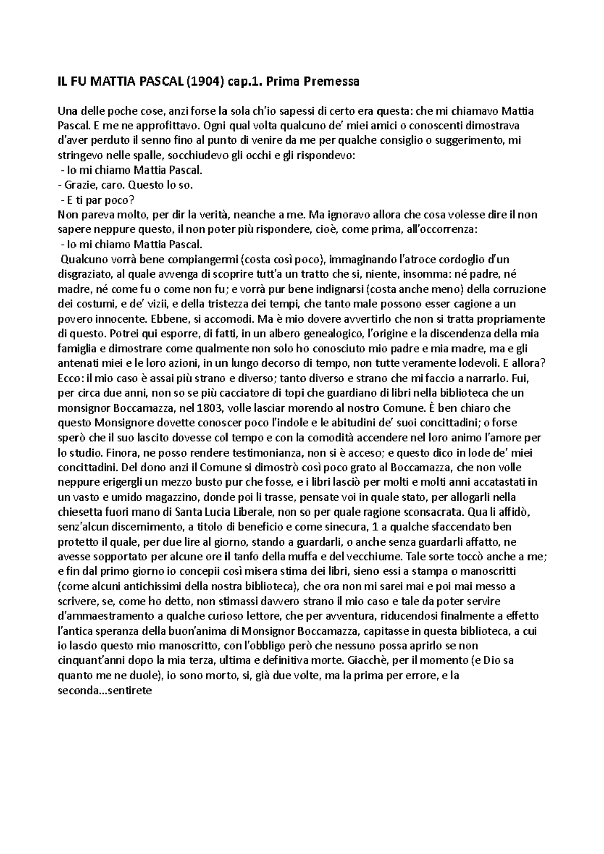 Prima premessa mattia pascal - IL FU MATTIA PASCAL (1904) cap. Prima ...