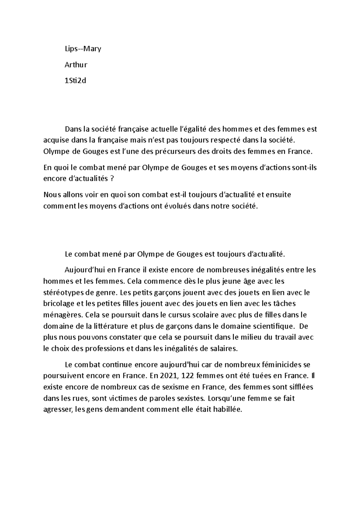 essai olympe de gouges - Lips-Mary Arthur 1Sti2d Dans la société ...
