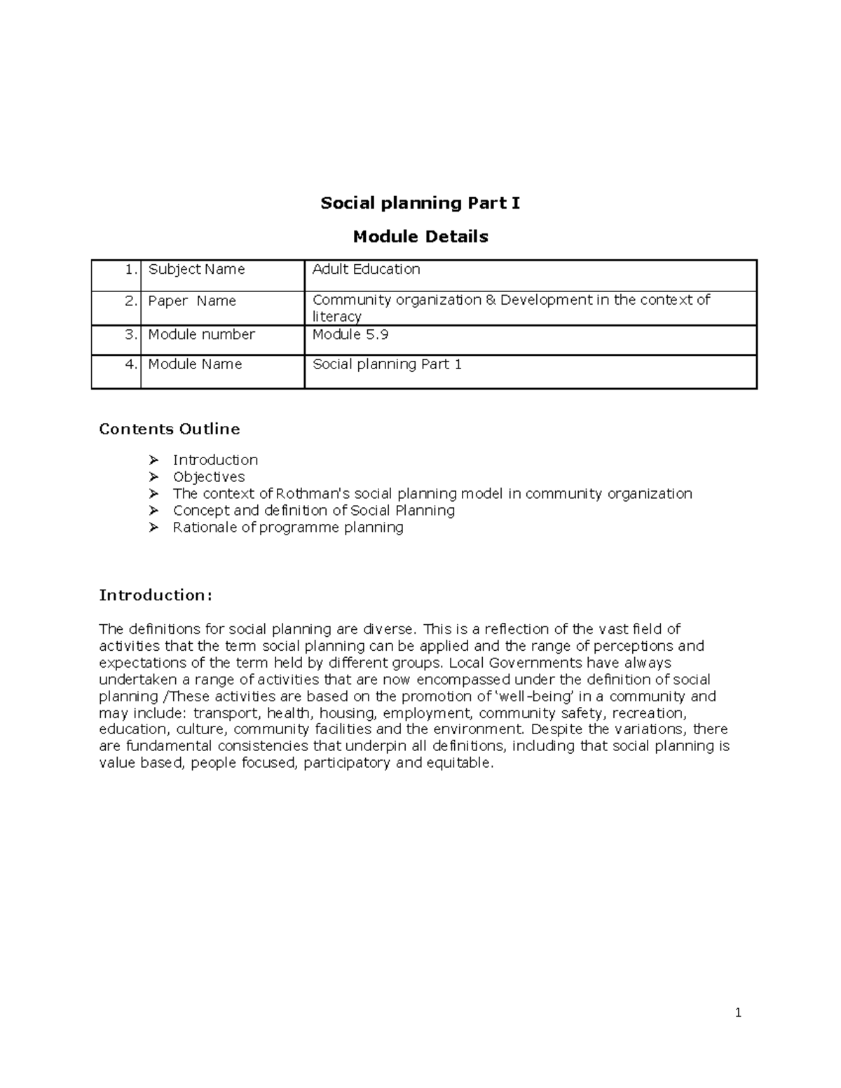 Social planning Part I - Social planning Part I Module Details Subject ...