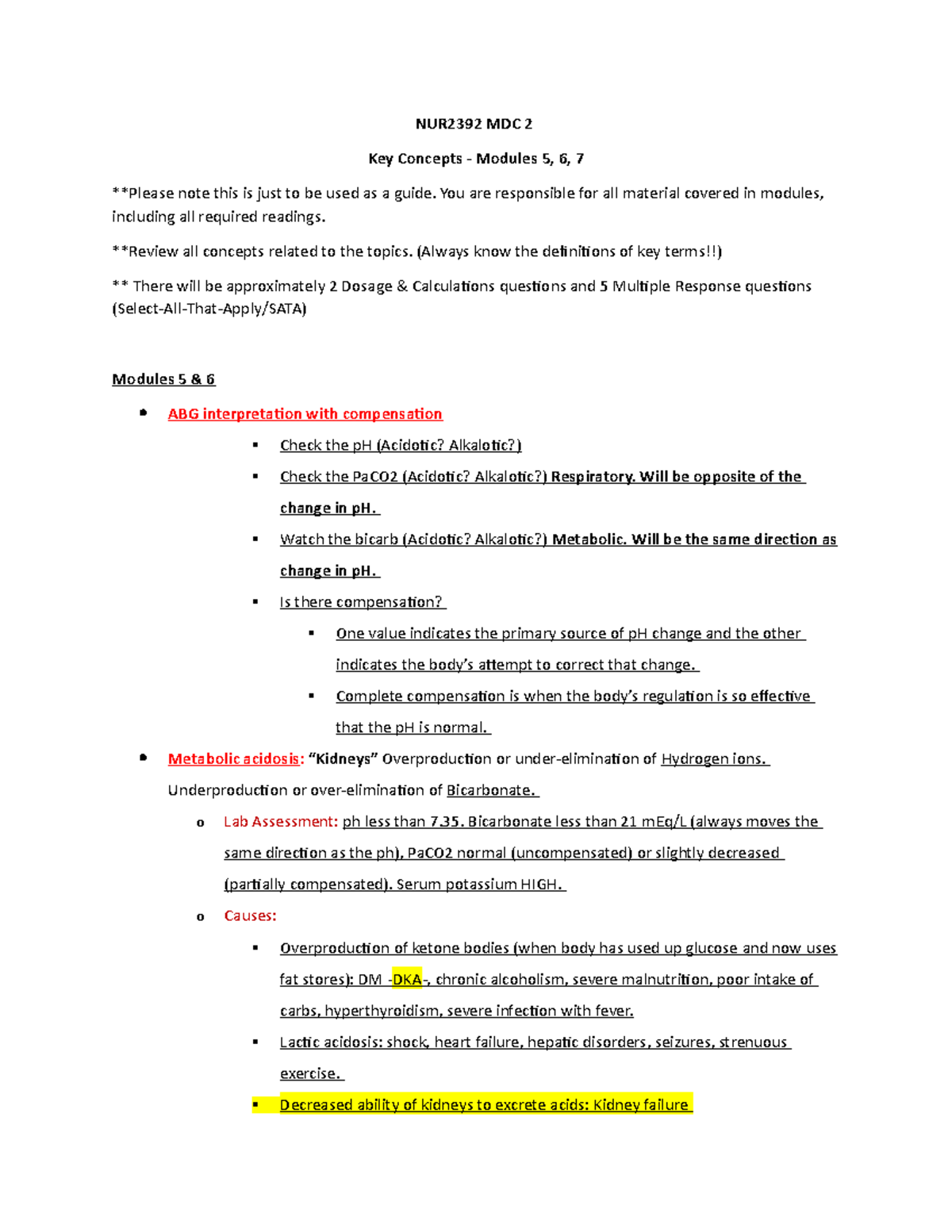 Key Concepts Modules 5-7 Mdcii - NUR2392 MDC 2 Key Concepts - Modules 5 ...