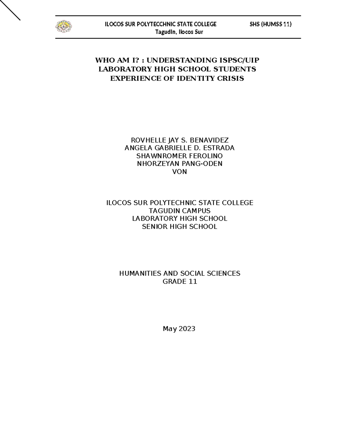 PR1 Humss 6 Who Am I Understanding Ispsc UIP Laboratory High School Students Experience of ...