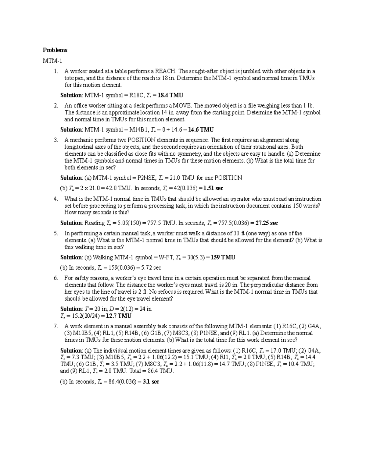 MTM Problems solution - .sasd - Problems MTM- A worker seated at a ...