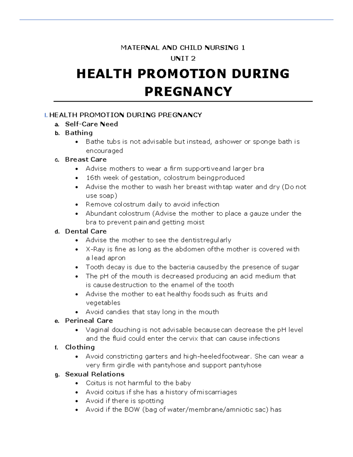Health Promotion During Pregnancy - MATERNAL AND CHILD NURSING 1 UNIT 2 ...