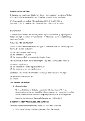 Defamation - notes - The tort of defamation protects a person’s ...