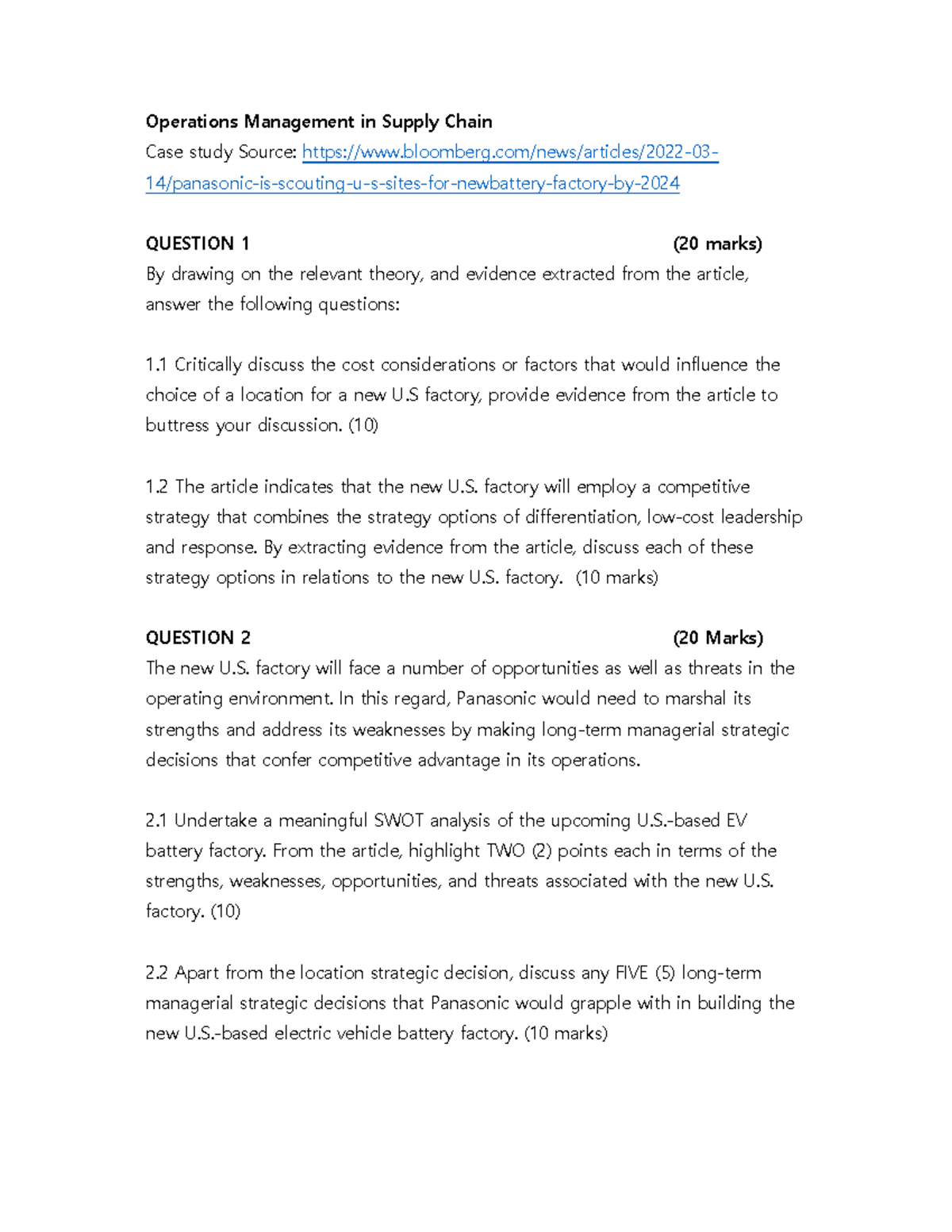 Past exam paper - Operations Management in Supply Chain Case study ...