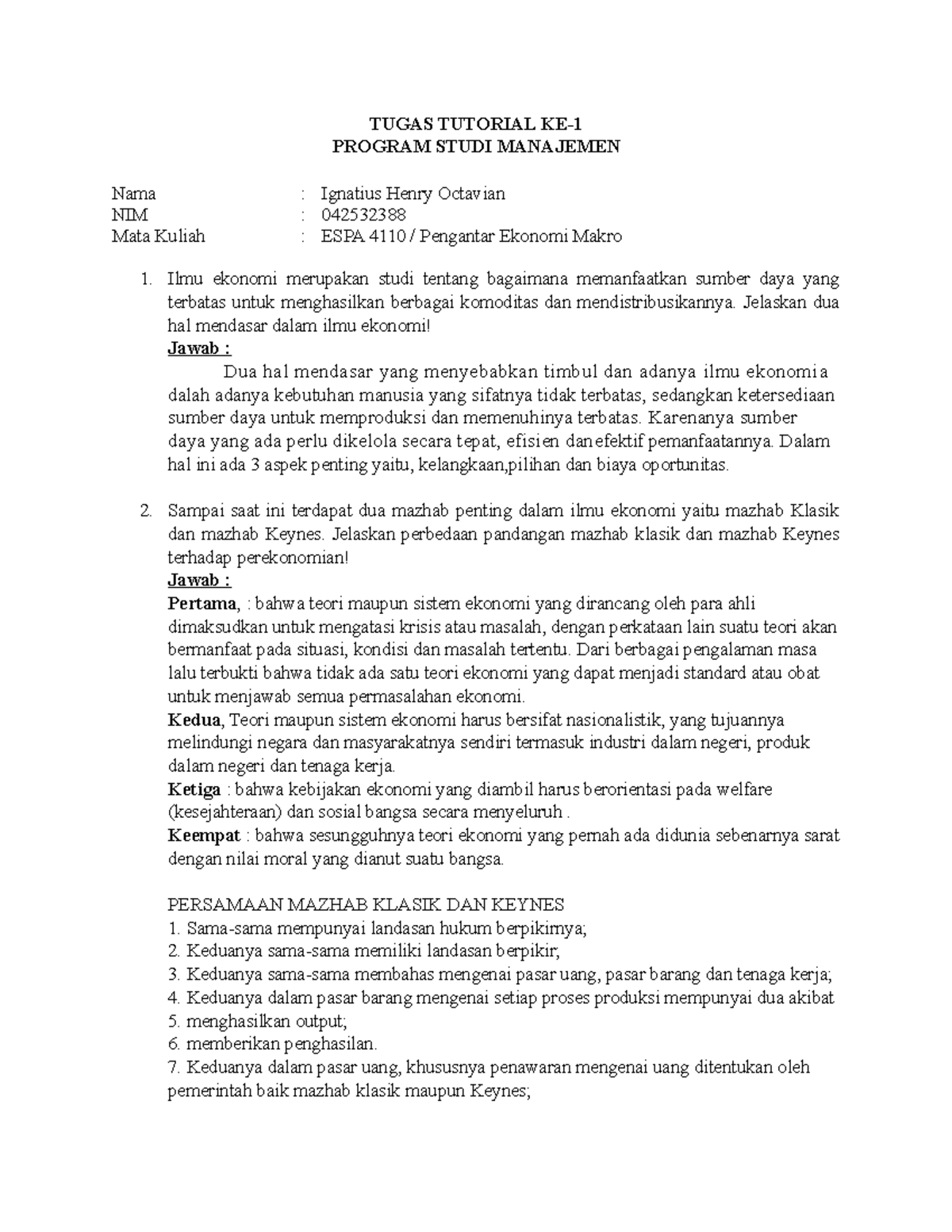 Ignatius Henry Octavian - 042532388 - Pengantar Ekonomi Makro - TUGAS TUTORIAL KE- PROGRAM STUDI ...