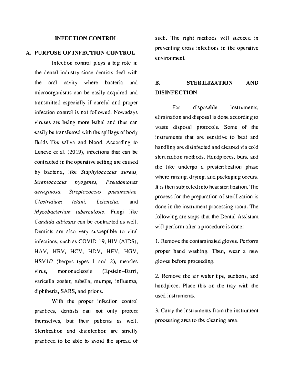 Infection Control - Lecture notes 1 - INFECTION CONTROL A. PURPOSE OF ...