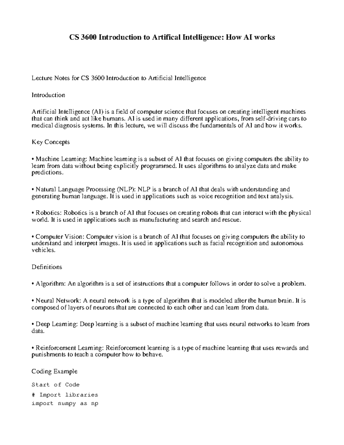 CS 3600 Introduction to Artifical Intelligence - How AI works - AI is ...