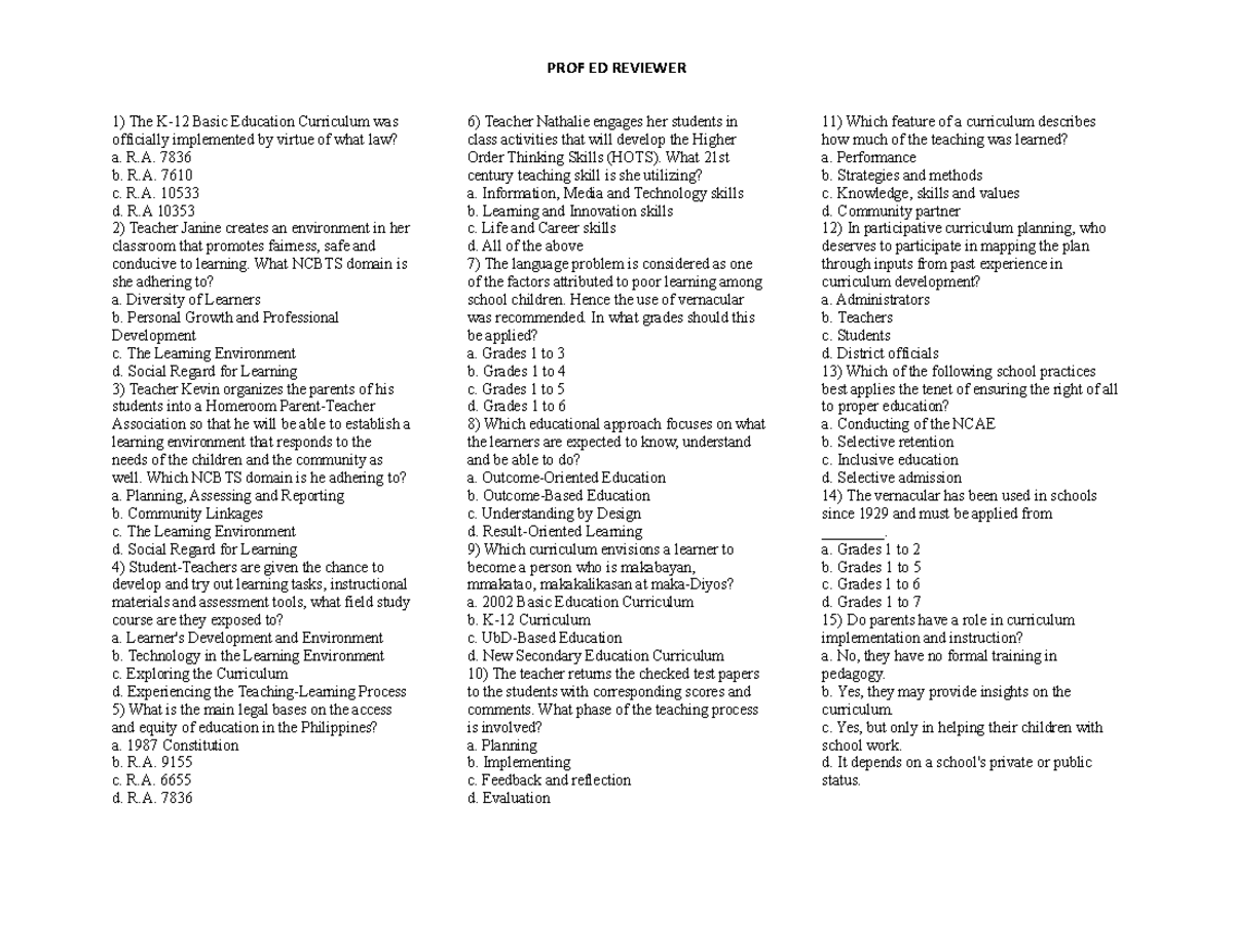 PROF ED Reviewer - The K-12 Basic Education Curriculum was officially ...