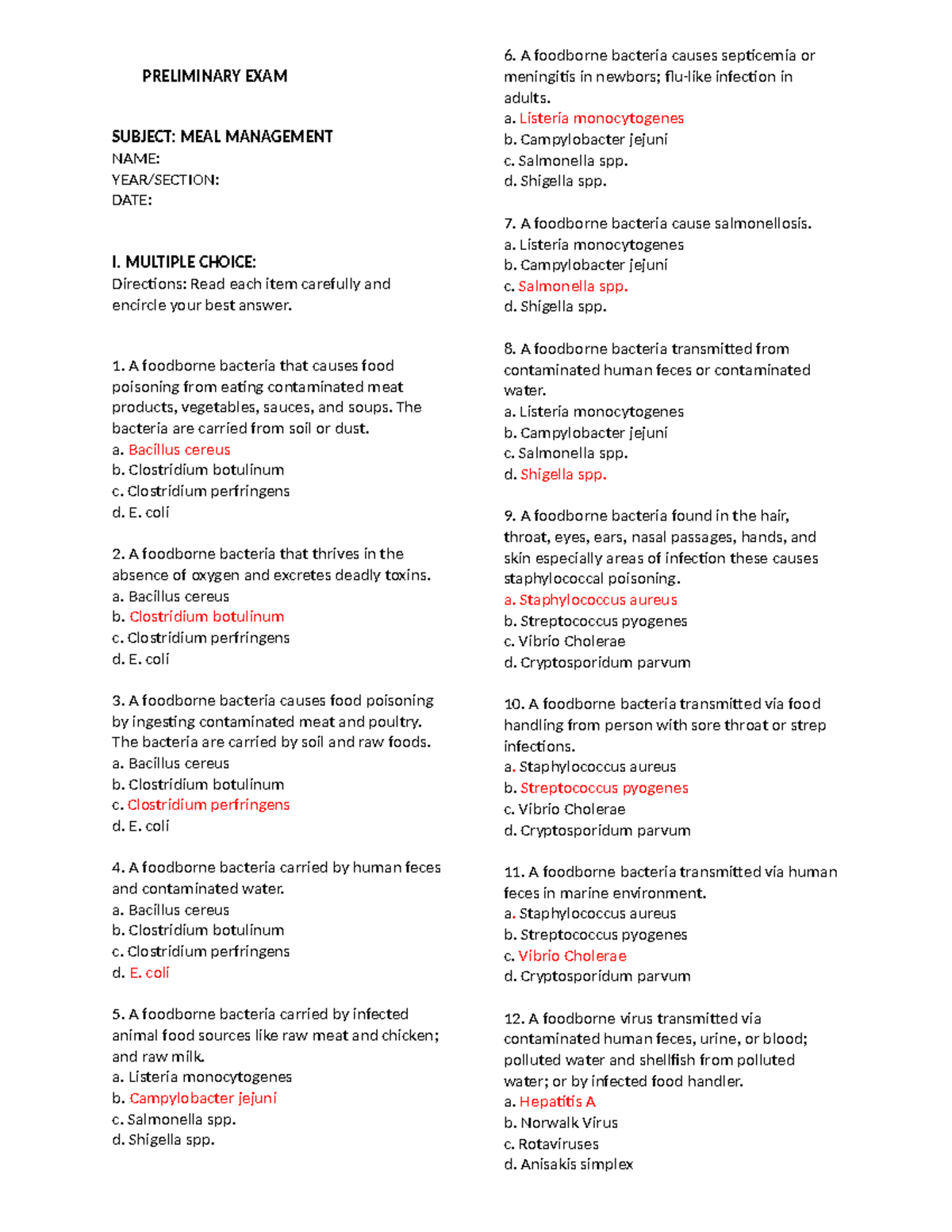 TEMP- Meal management - PRELIMINARY EXAM SUBJECT: MEAL MANAGEMENT NAME ...