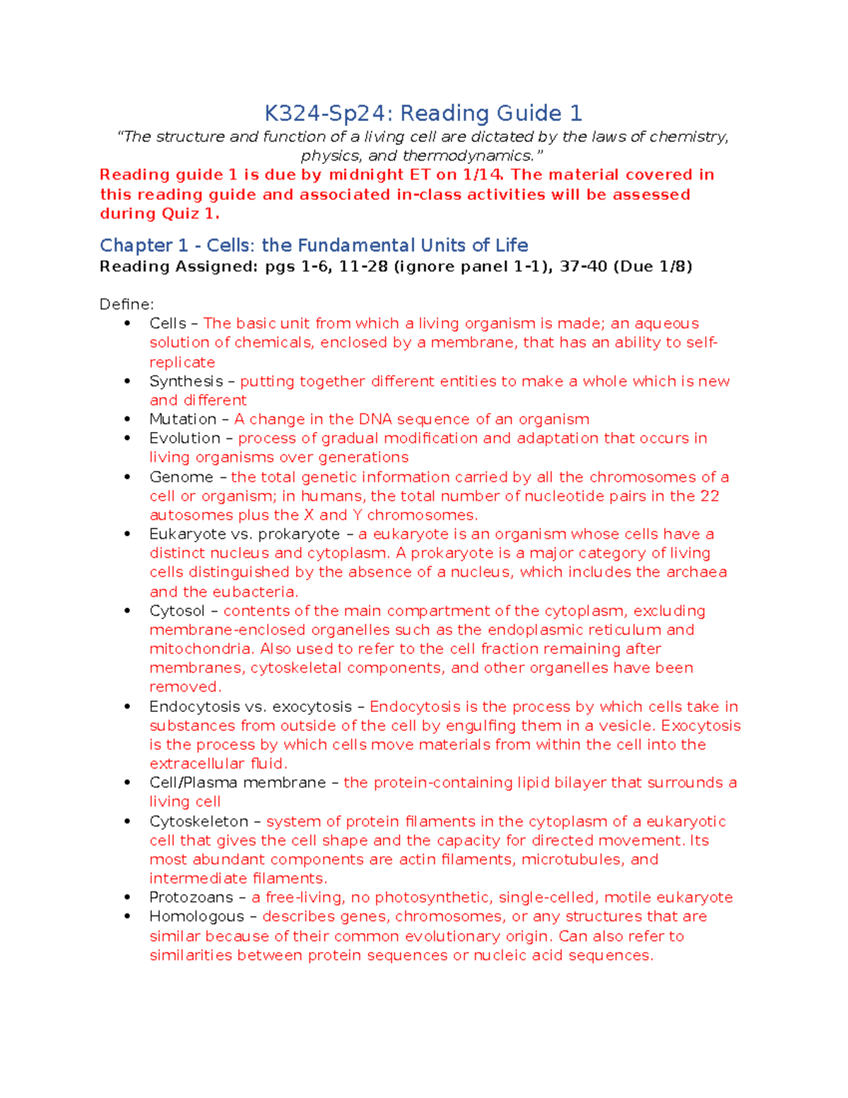 Reading Guide 1-2 - K324-Sp24: Reading Guide 1 “The structure and function of a living cell are ...