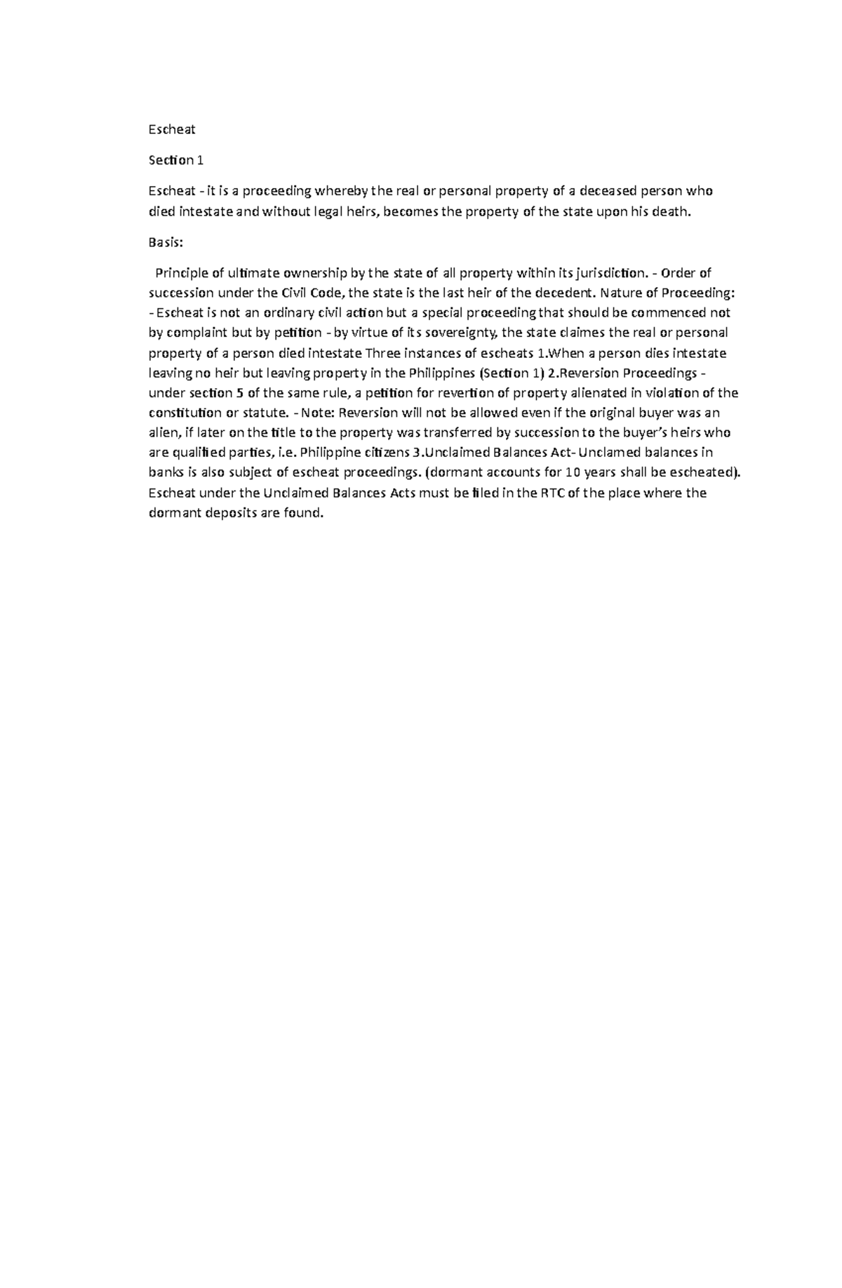 Escheat - Escheat Section 1 Escheat - it is a proceeding whereby the ...