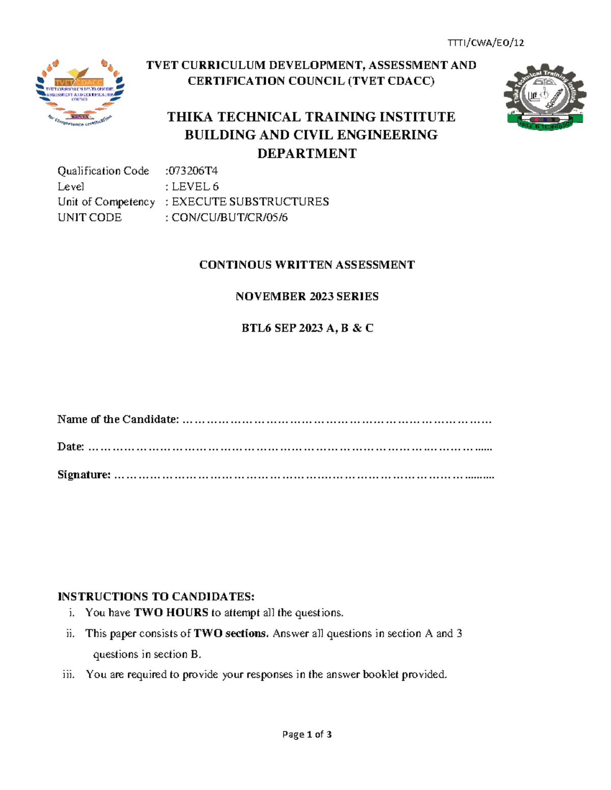 BTL 6 EXAM rvsd - EXAM MATERIALS - TTTI/CWA/EO/ Page 1 of 3 TVET ...