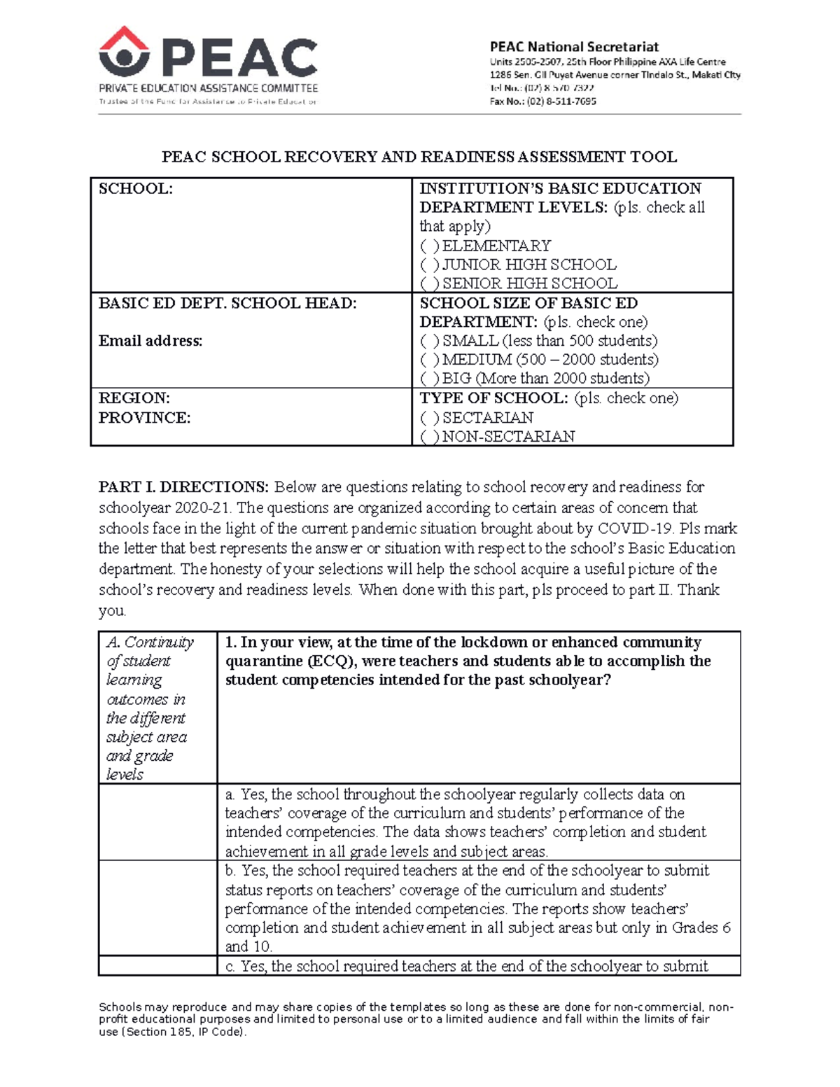 SRRA TOOL Blank - srra - PEAC SCHOOL RECOVERY AND READINESS ASSESSMENT ...