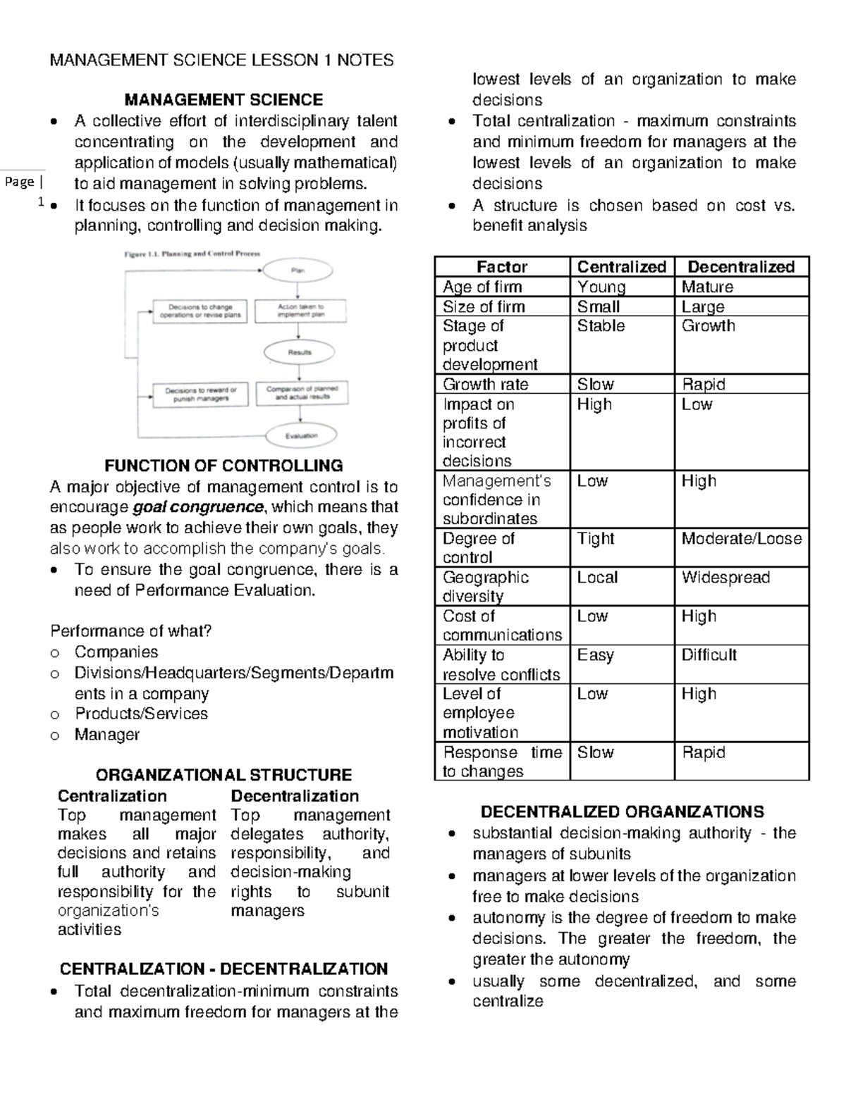 Management Science Lesson 1 - Page | 1 MANAGEMENT SCIENCE A collective ...
