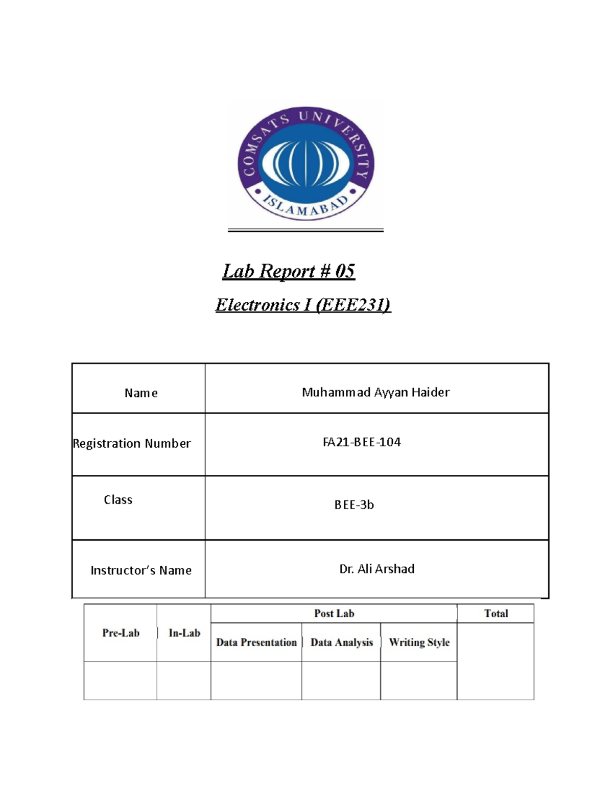 Electronic 005Lab - Lab Report # 05 Electronics I (EEE231) Name Muhammad Ayyan Haider ...