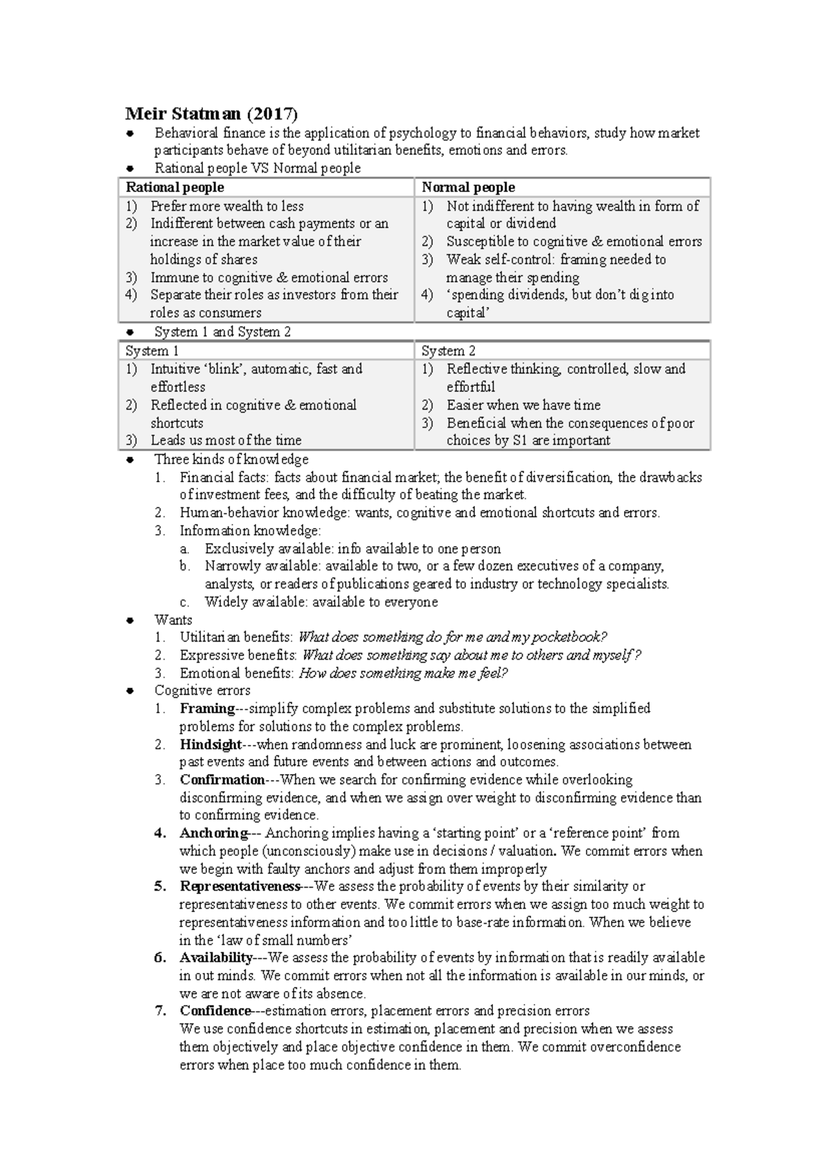 Summary - Samenvatting Behavioural Finance - Meir Statman (2017 ...