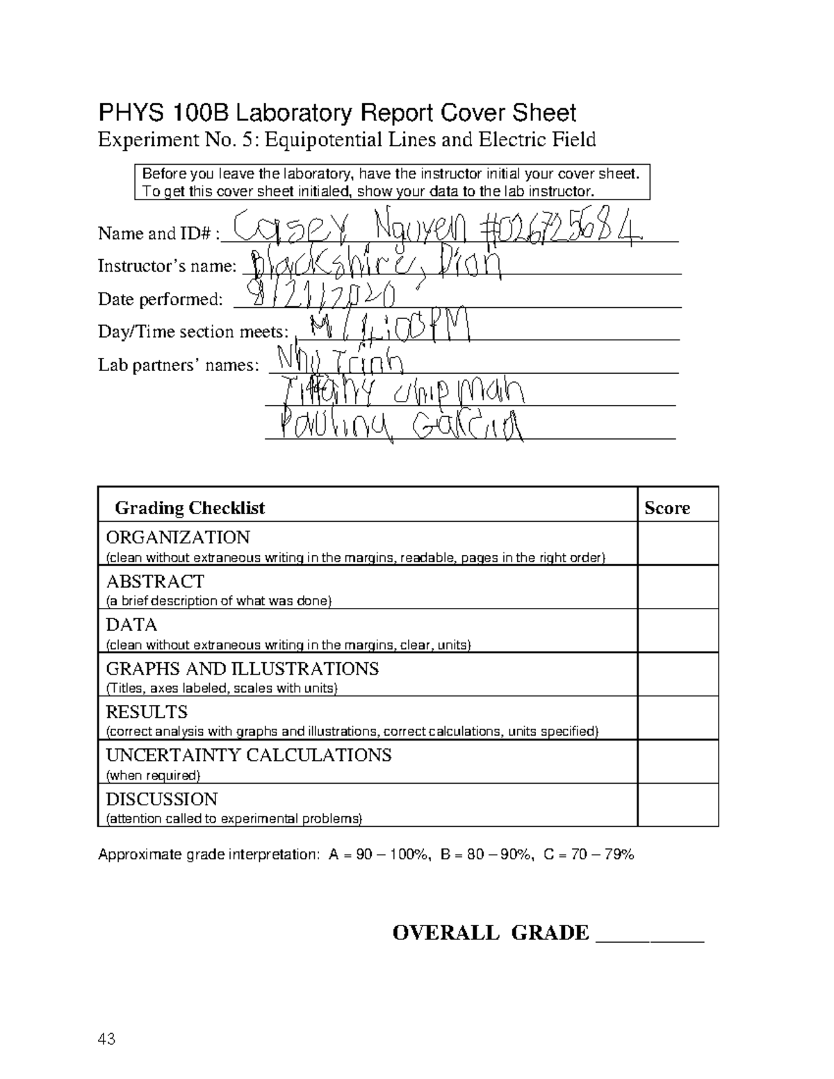 Experiment 05Equipotential Lines And Elecrtic Field - PHYS 100B Laboratory Report Cover Sheet ...